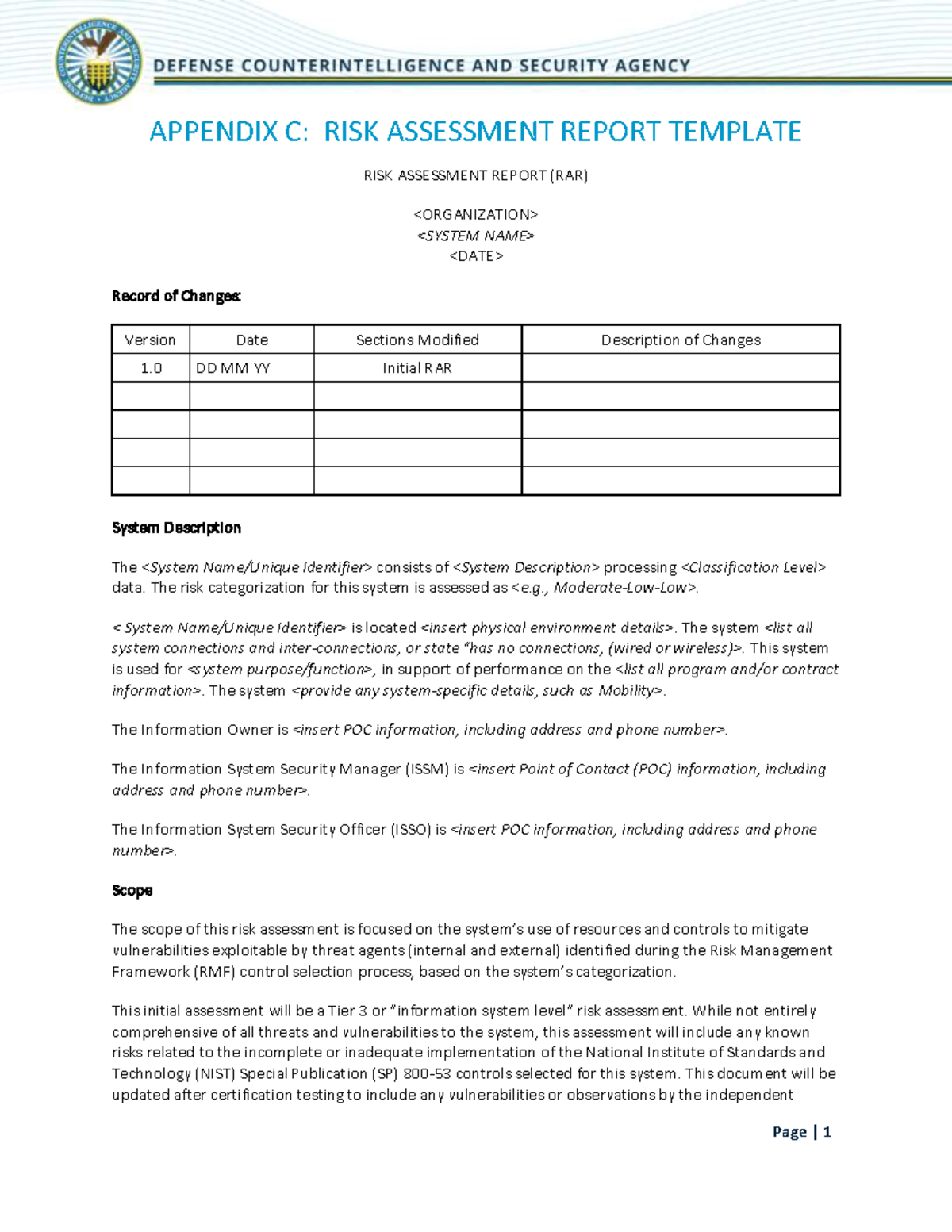 Risk Assessment Report Template - APPENDIX C: RISK ASSESSMENT REPORT TEMPLATE RISK ASSESSMENT ...