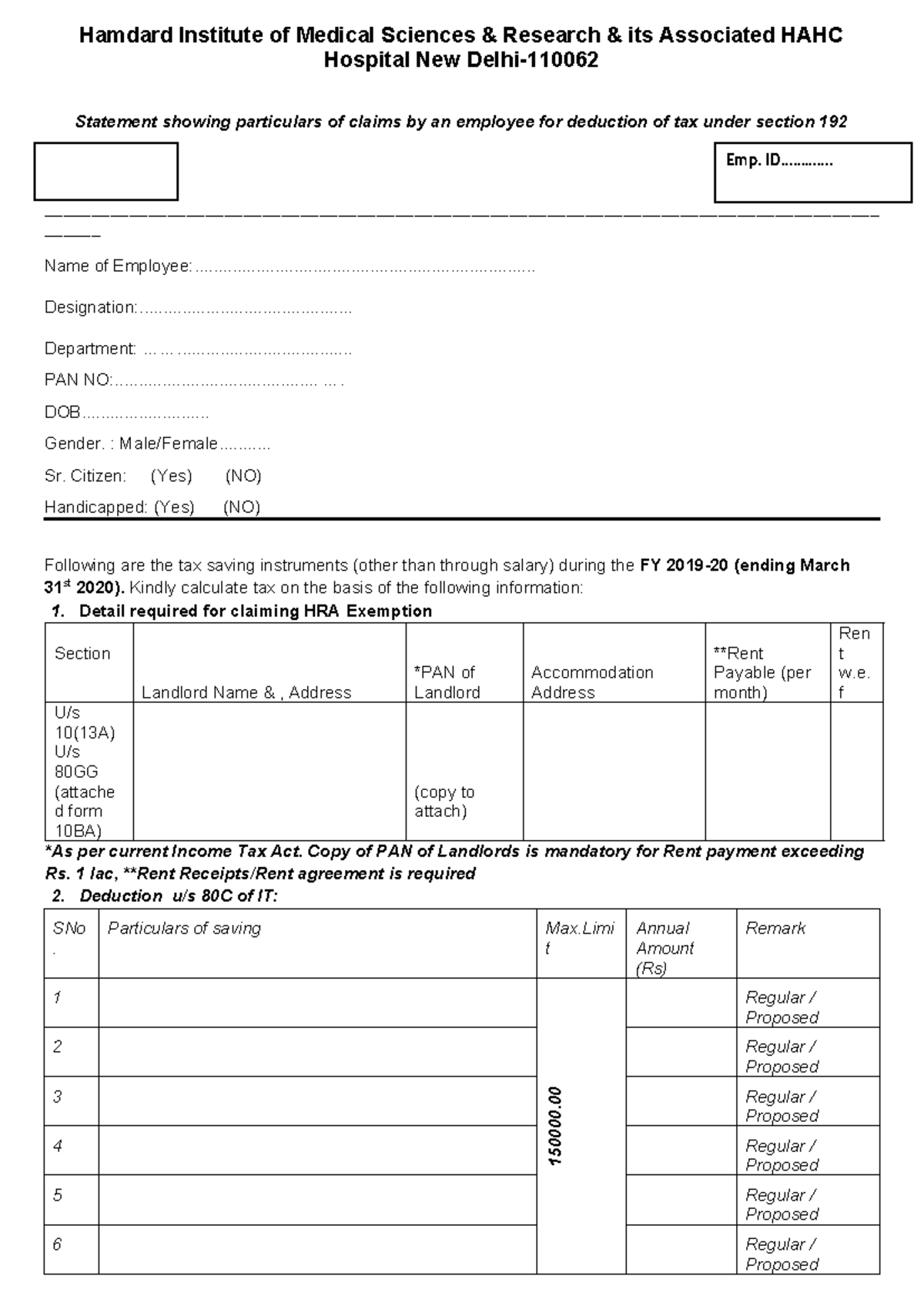 Declaration Form for Tax Deductions Under Section 192 - FY 2019-20 ...