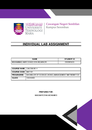 MAT491 LAB Assignment - lab - FACULTY OF COMPUTER & MATHEMATICAL SCIENCES BACHELORS OF SCIENCE ...