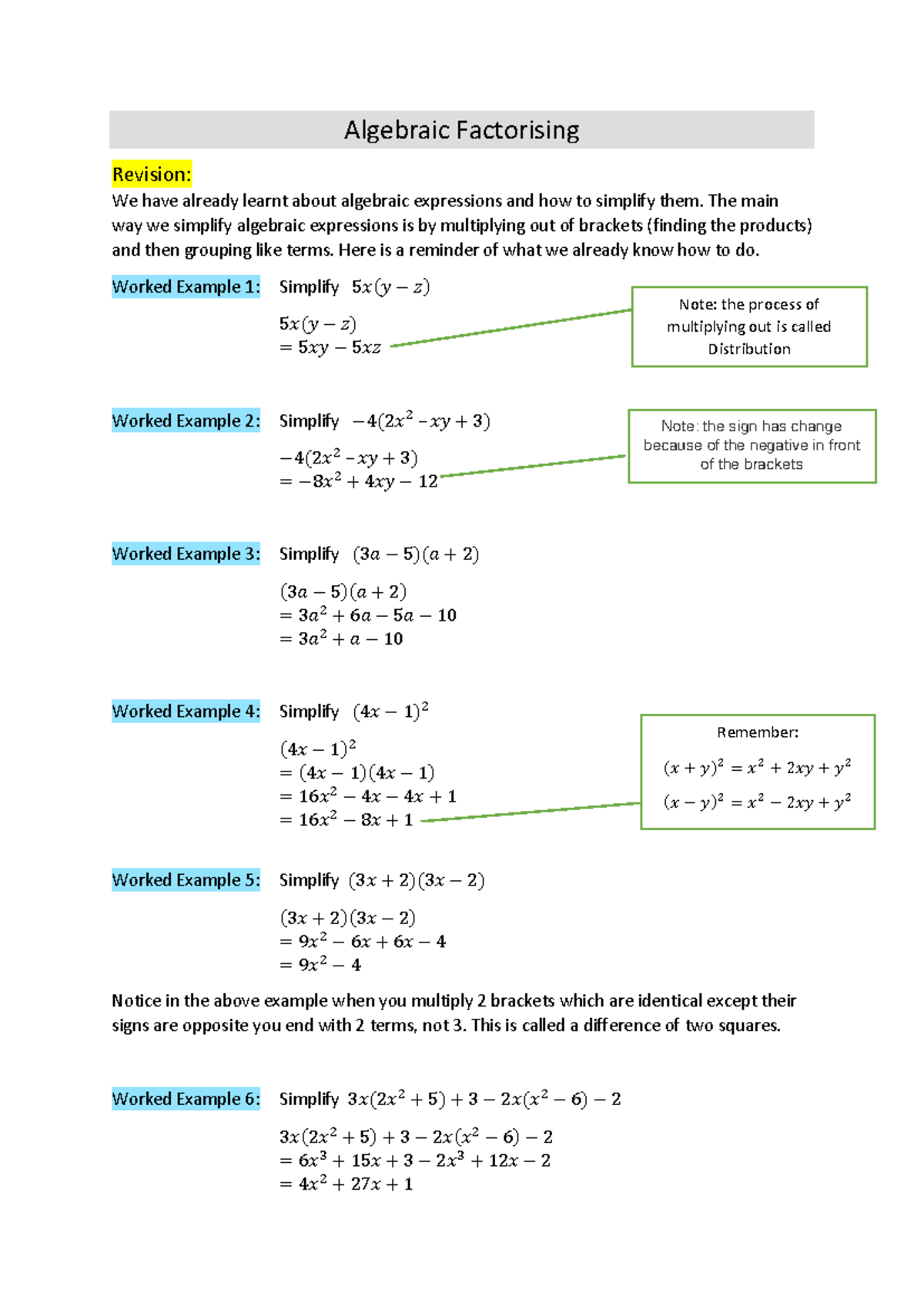 Algebraic Factorising: Revision Notes for Math 101 Course - Studocu