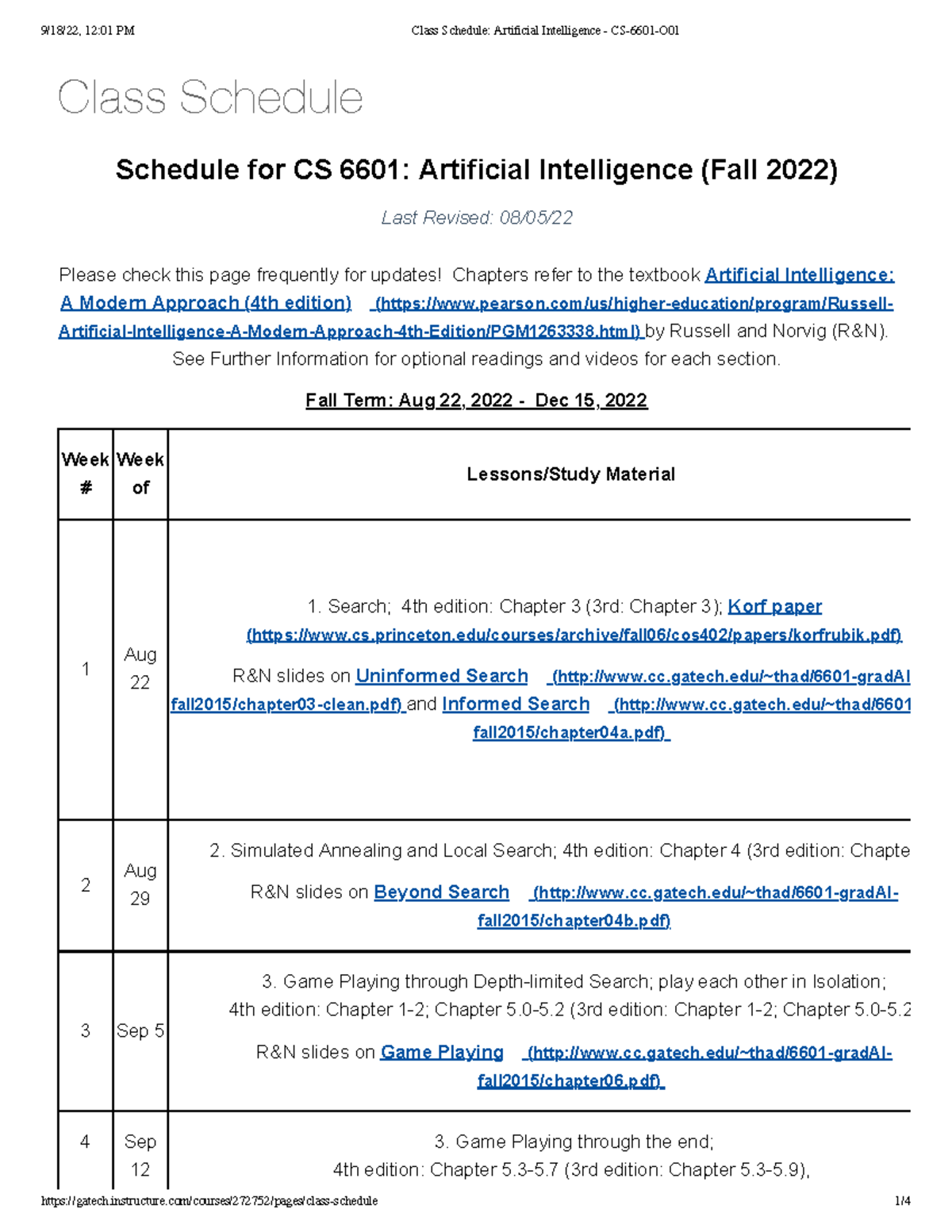 Class Schedule for CS-6601-O01: Artificial Intelligence (Fall 2022 ...