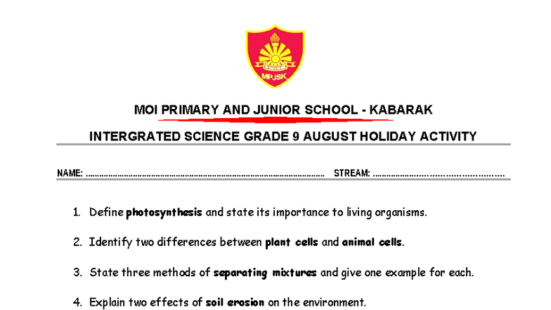 Grade 9 Integrated Science Holiday Activity 2025 - Studocu