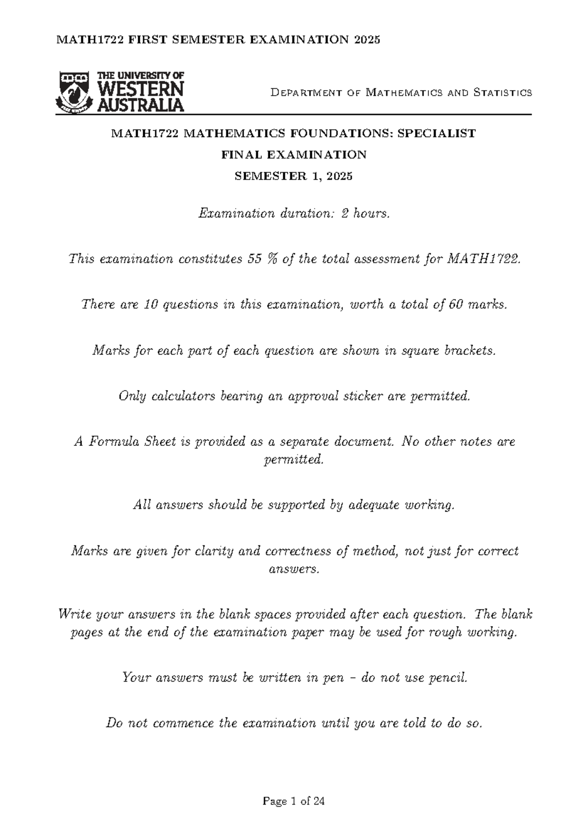 MATH1722 Semester 1 Final Exam 2025: Mathematics Foundations - Studocu