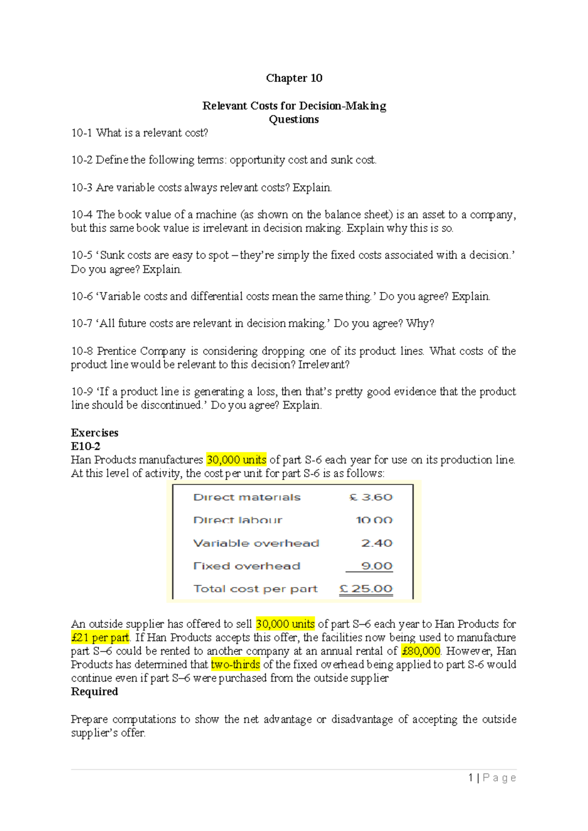 Chapter 10 Seminar Questions - Chapter 10 Relevant Costs for Decision ...