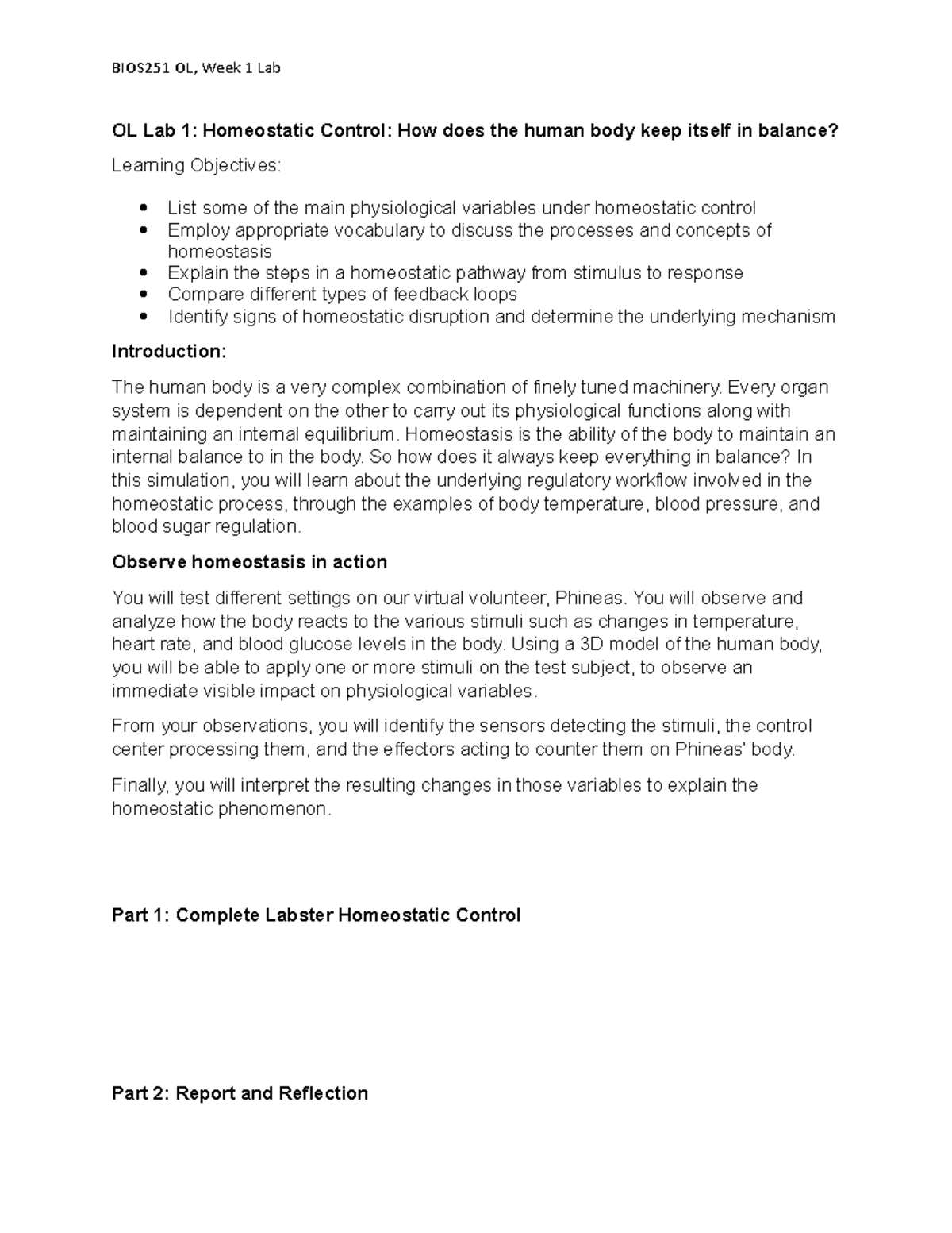 Week 1 Homeostasis Lab - lab work - OL Lab 1: Homeostatic Control: How ...