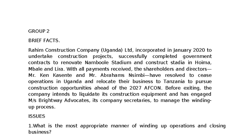 Voluntary Winding Up of Rahim Construction Co. (Uganda) Ltd: Key Issues ...