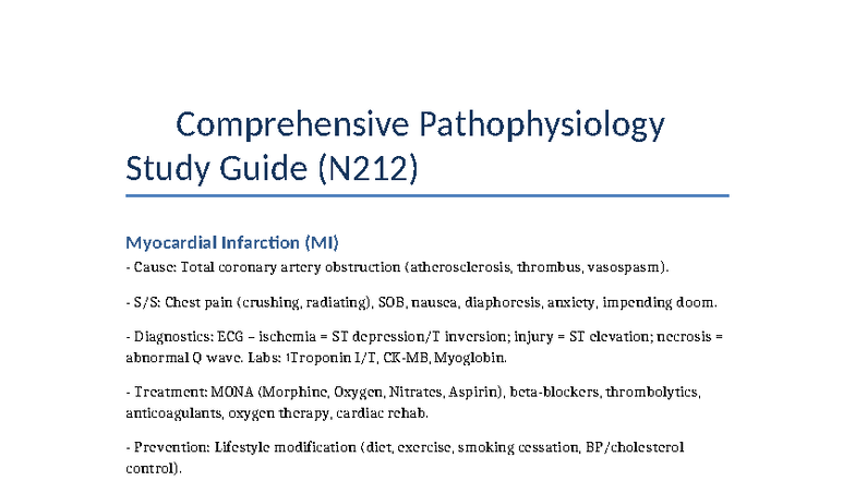 Comprehensive Pathophysiology Study Guide (N212) - Myocardial ...