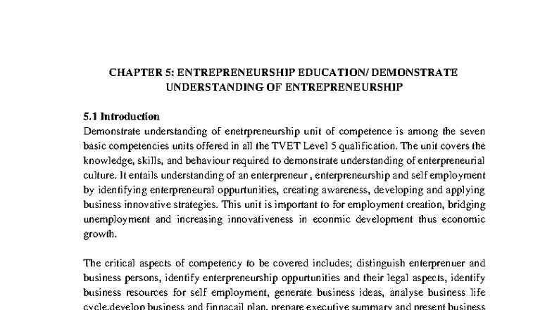 CHAPTER 5: UNDERSTANDING ENTREPRENEURSHIP IN TVET LEVEL 5 - Studocu