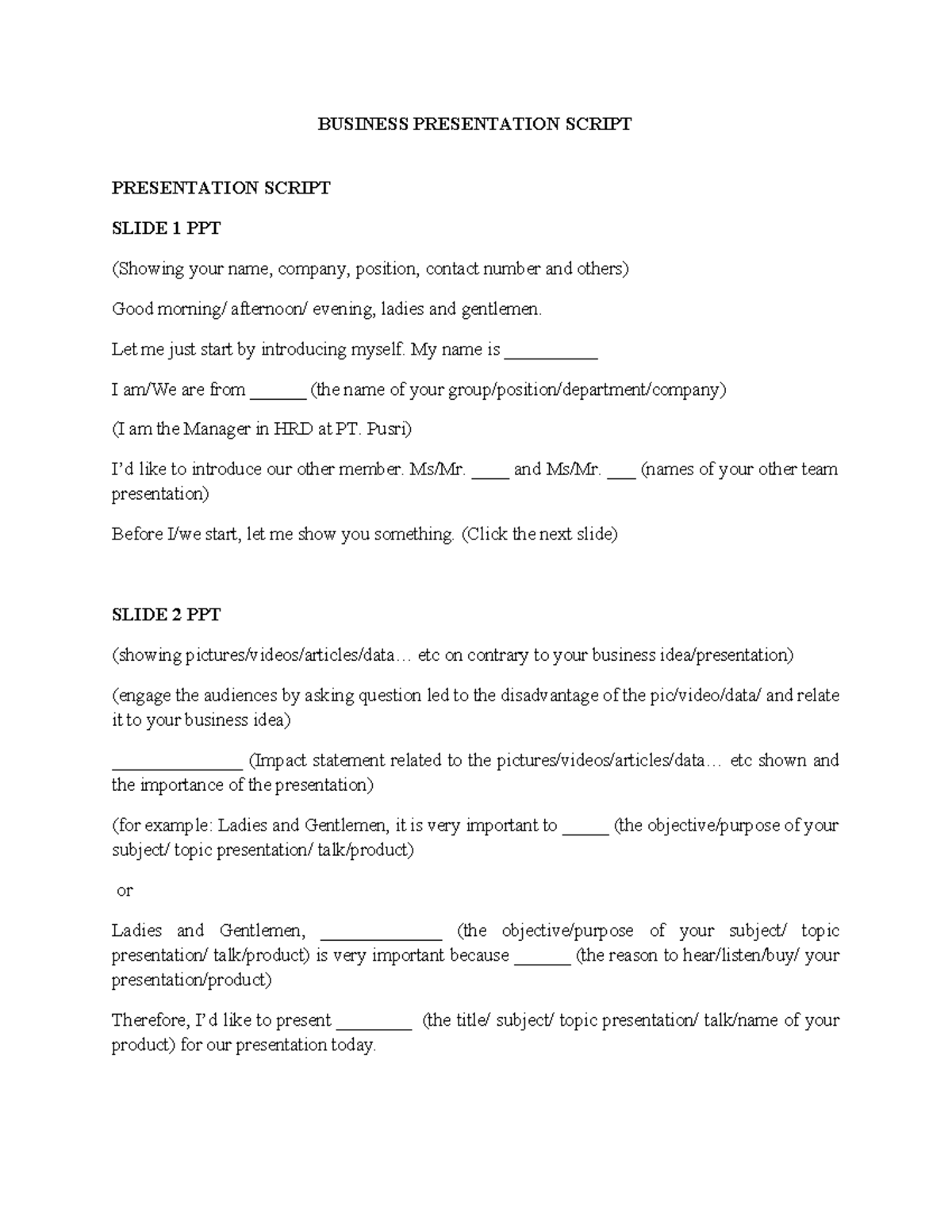 Business Presentation Script - Effective PPT Delivery Guide - Studocu