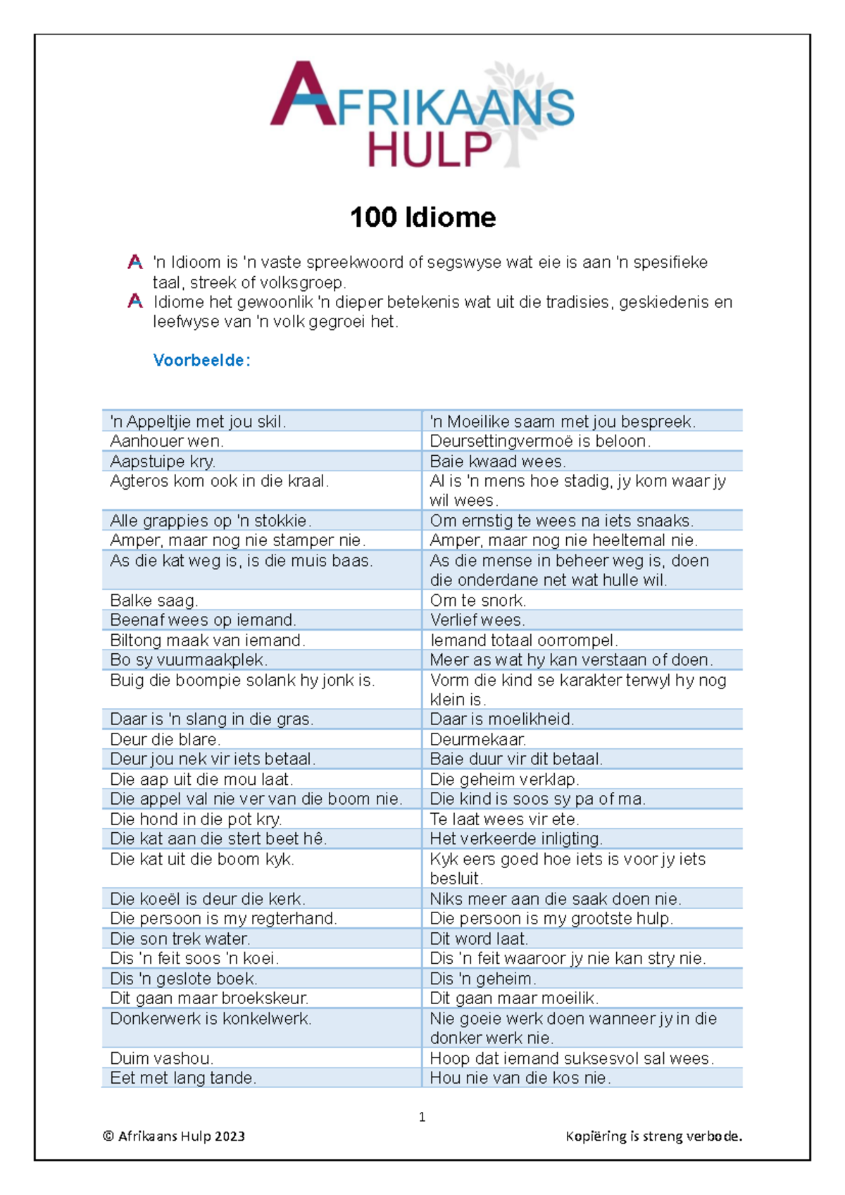 100 Idiome: Betekenisse en Voorbeelde van Afrikaans Gesegdes - Studocu