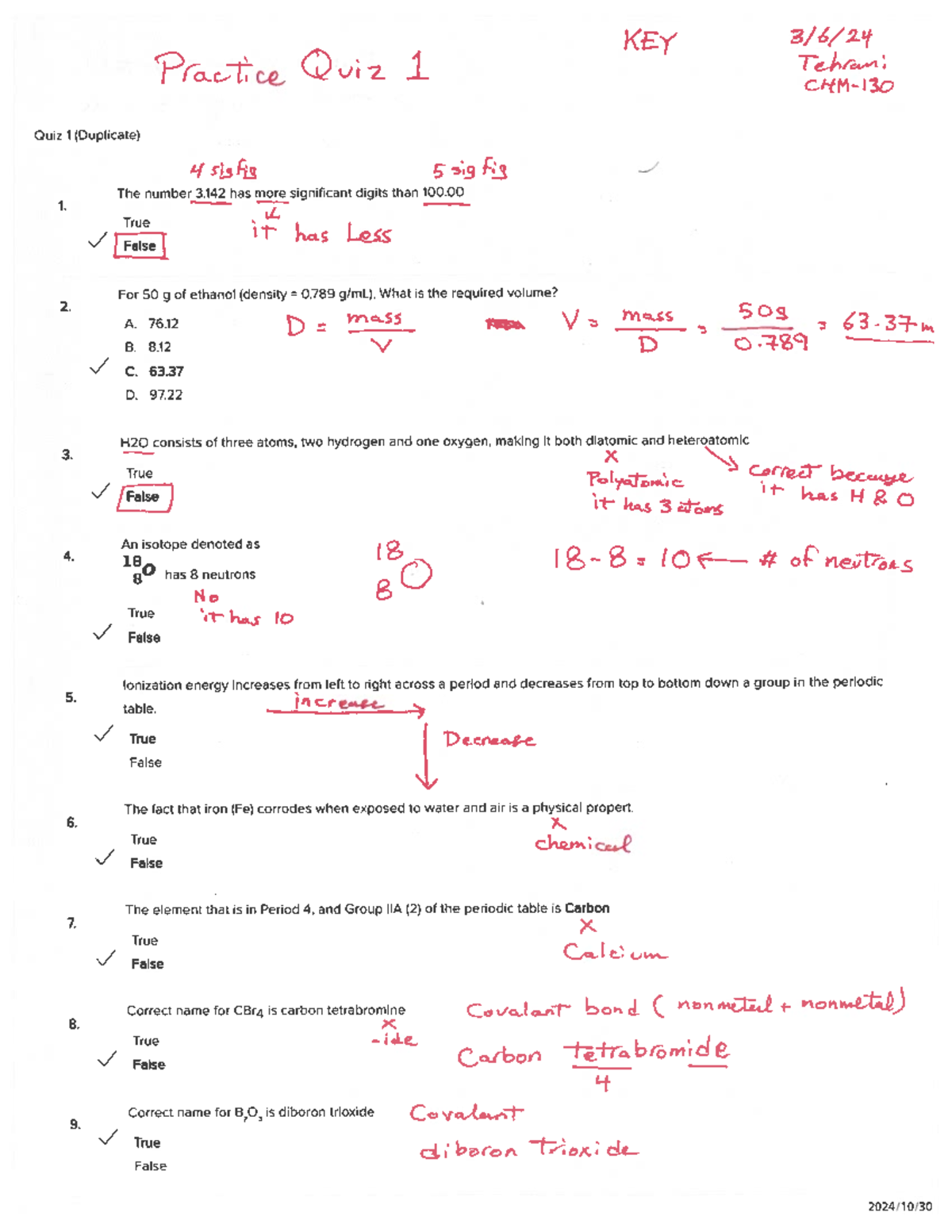 Practice Quiz 1 (Week 1) CHM KEY - KEY Practice Quiz 1 Tehrani Quiz 1 ...