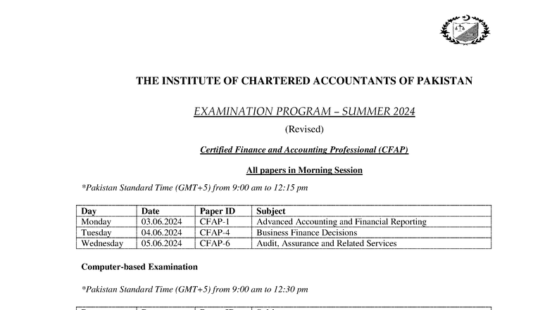CFAP MSA Examination Program Summer 2024 Schedule - Studocu