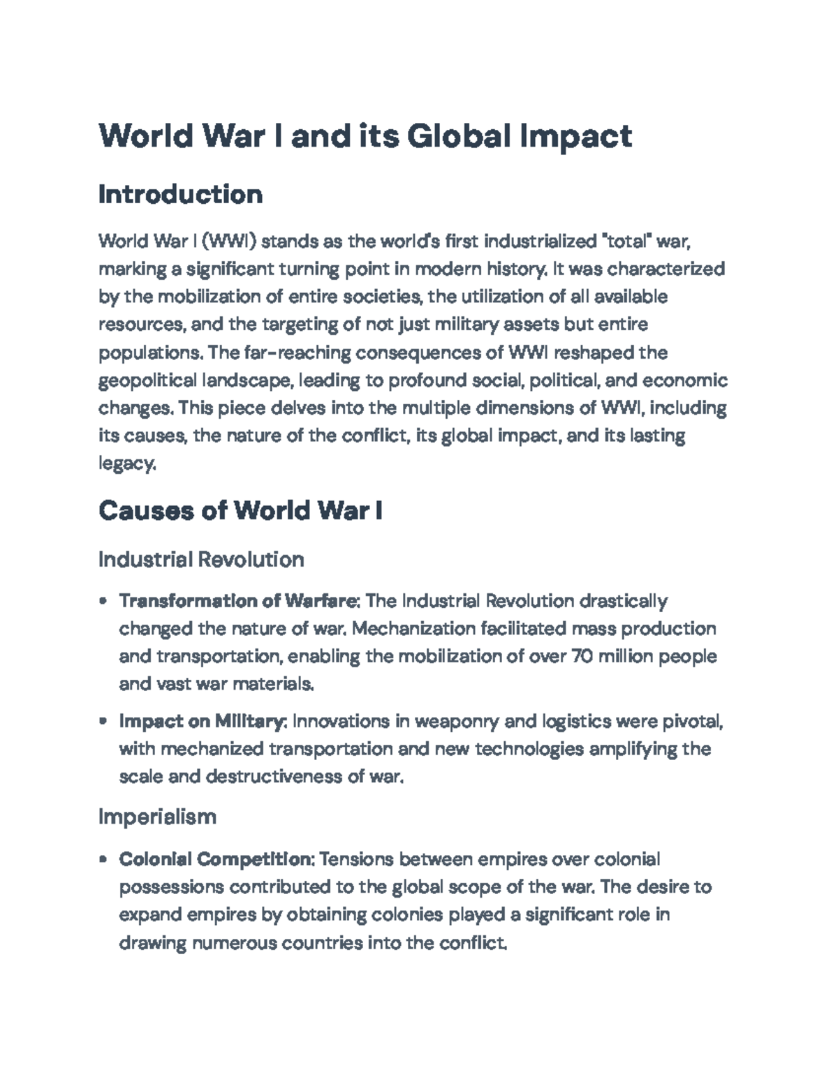 World War I: Causes, Global Impact, and Lasting Legacy Overview - World ...