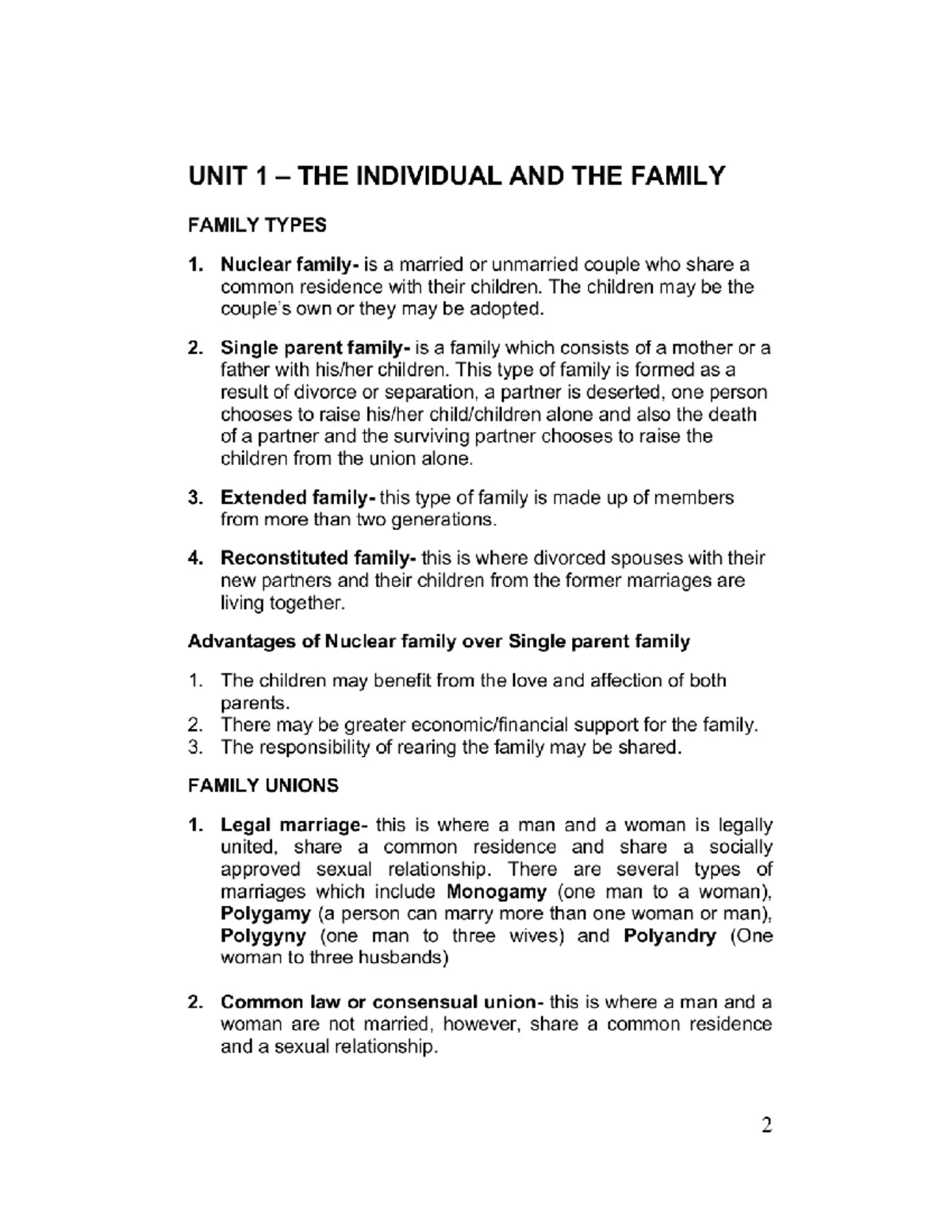 CSEC Social Studies Unit 1: Family Types and Functions Notes - Studocu