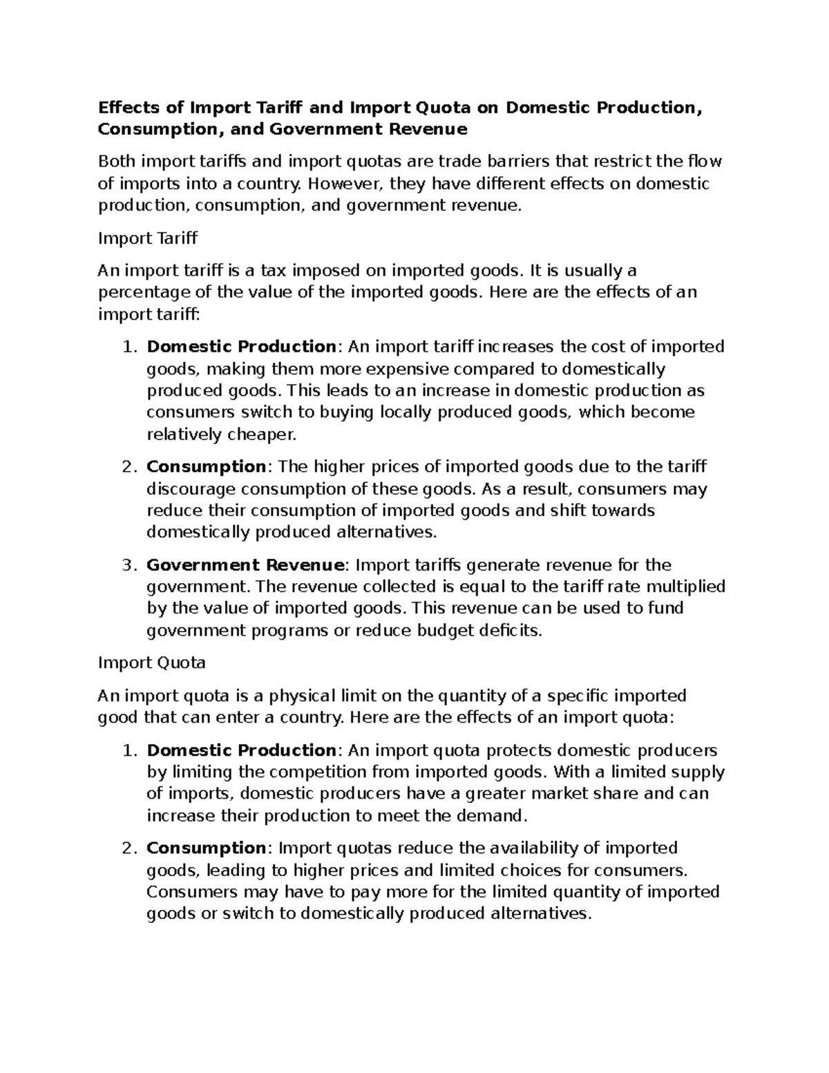 Effects of Import Tariff & Quota on Production, Consumption, & Revenue ...