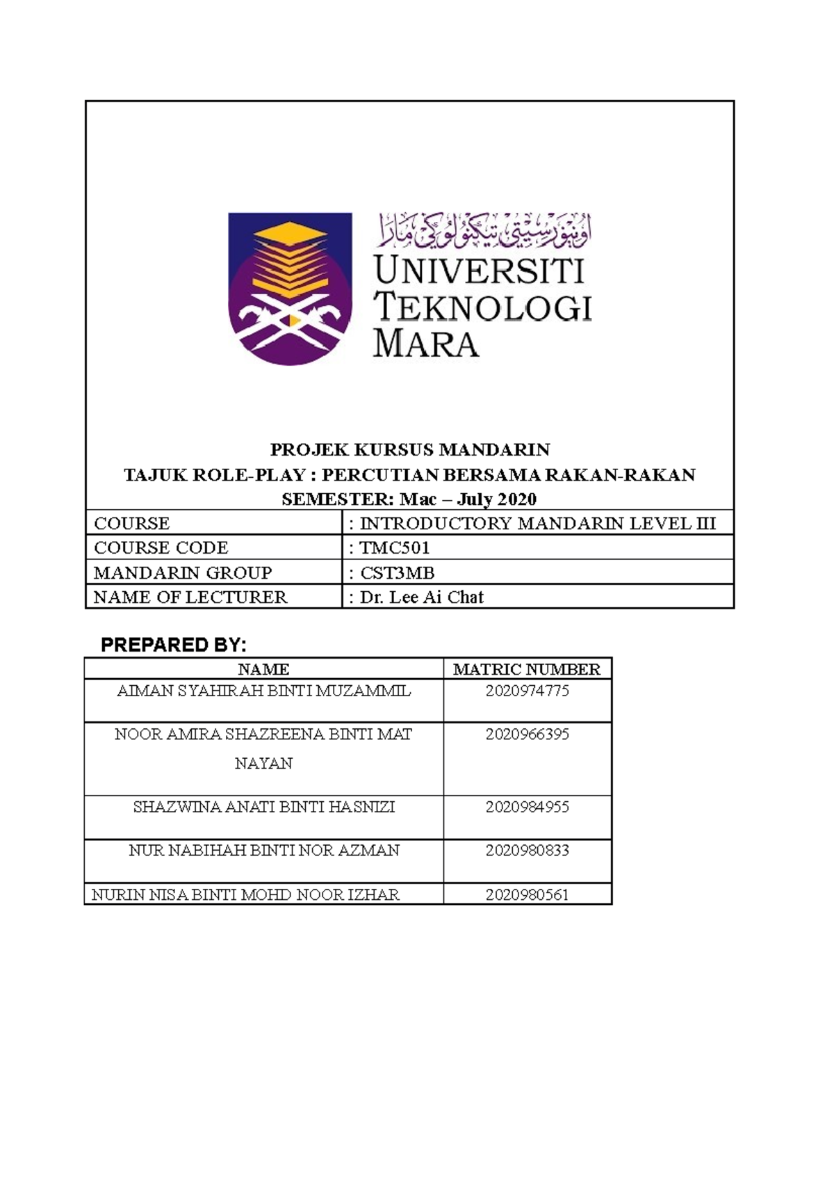 TMC501 Mandarin Level 3 Roleplay Script: Holiday with Friends - Studocu