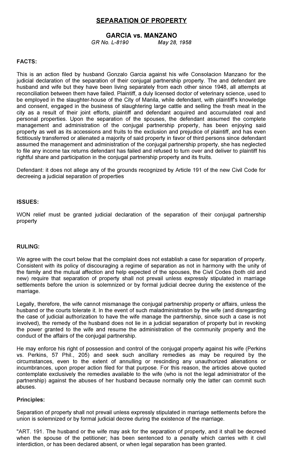 Cases on Separation of Property: Legal Insights and Rulings - Studocu