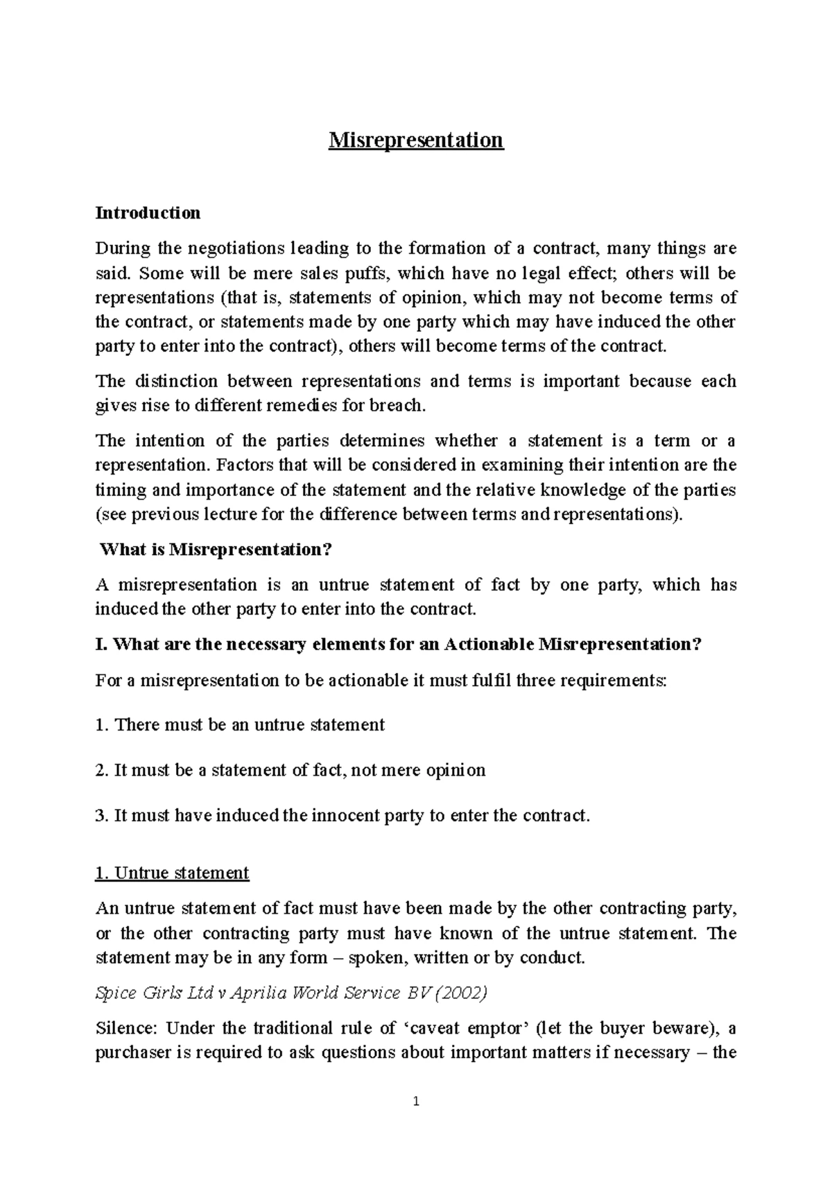 Misrepresentation - Contract Lecture Notes - Misrepresentation ...