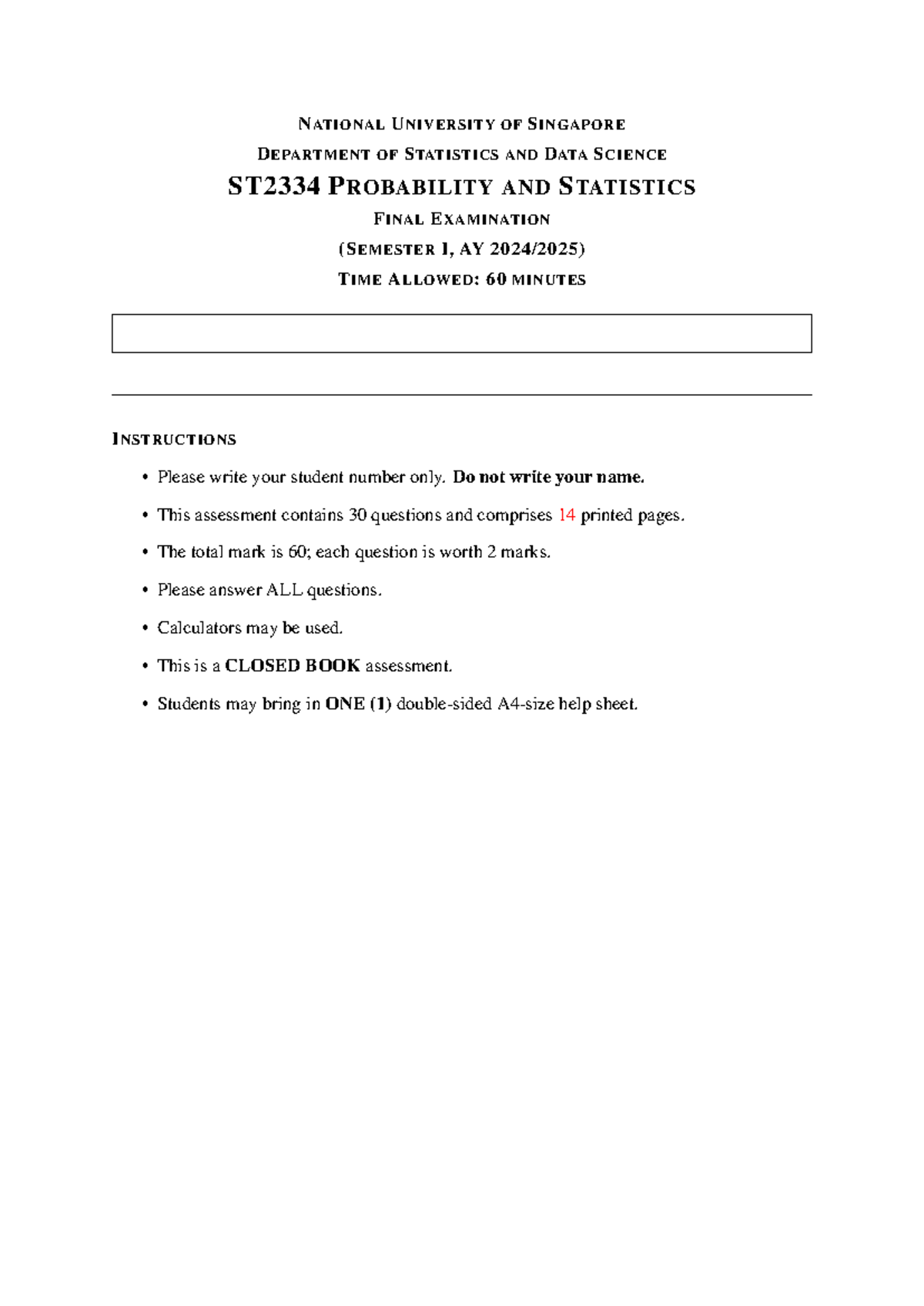 ST2334 Probability and Statistics Final Exam Paper (Semester I) - Studocu