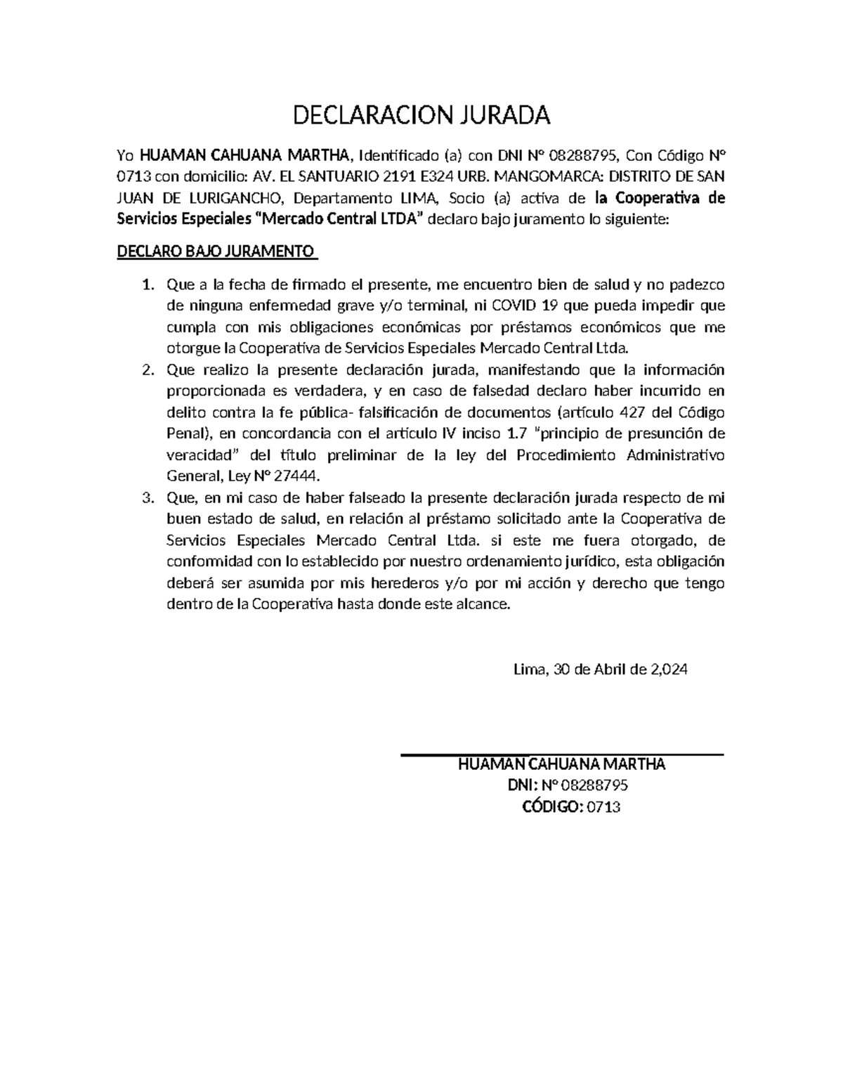 Declaracion Jurada - Ayasca Garay Nancy LUPE - DECLARACION JURADA Yo ...