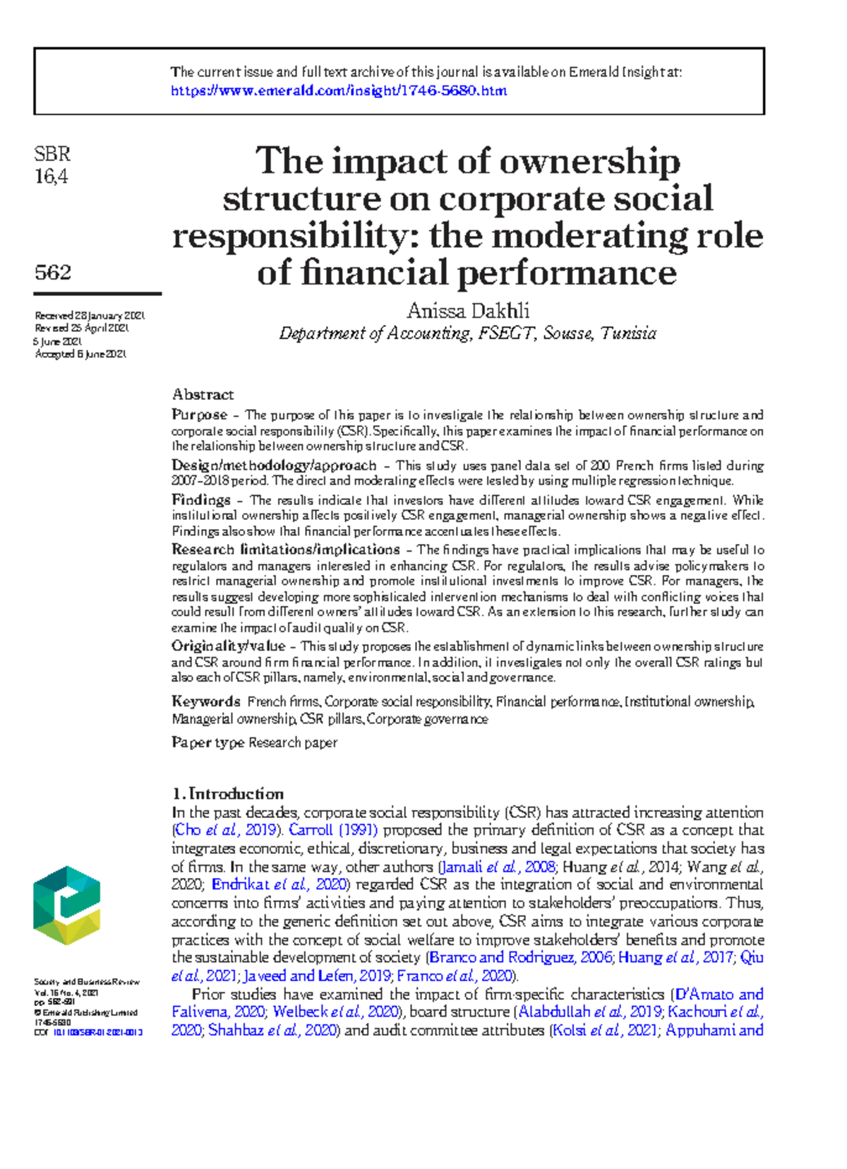 The Impact of Ownership Structure on CSR: Financial Performance ...