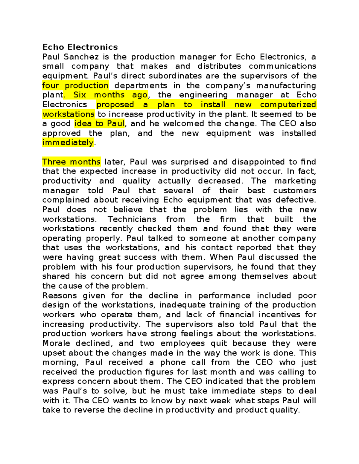 Assignment 3 - Case Study on Productivity Issues at Echo Electronics - Studocu