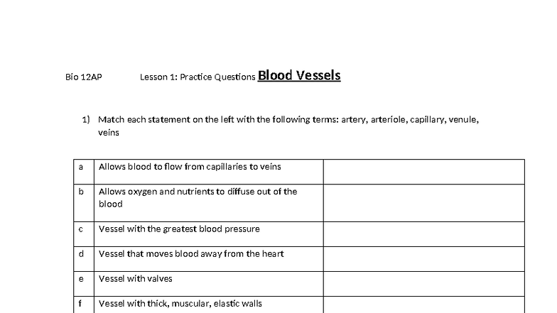 Bio 12AP Lesson 1: Practice Questions on Blood Vessels - Studocu