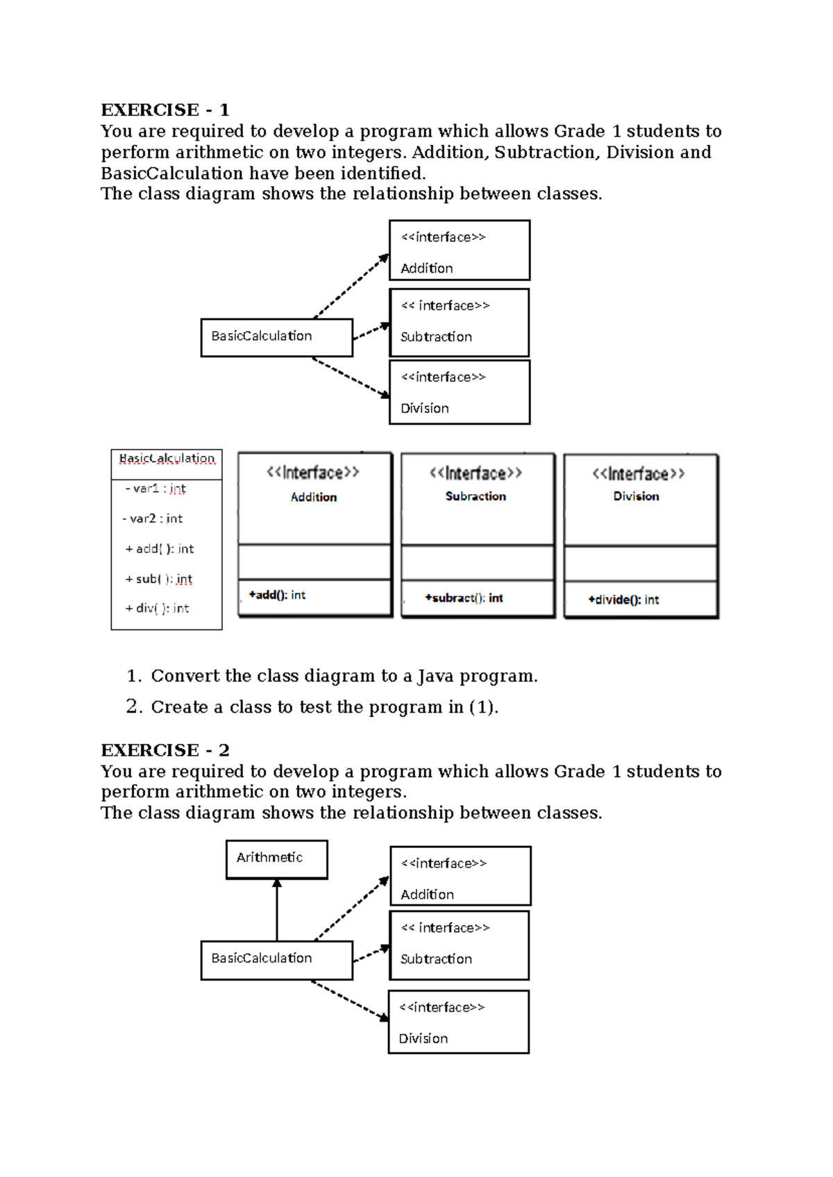 Java Programming Exercises for Grade 1 Arithmetic (EXERCISE 1-3) - Studocu