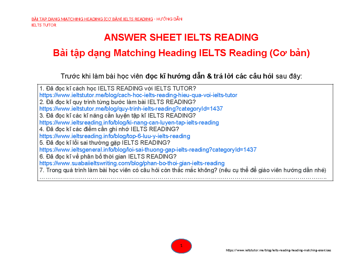 BÀI TẬP MATCHING HEADING IELTS READING (CƠ BẢN) - ANSWER SHEET - Studocu