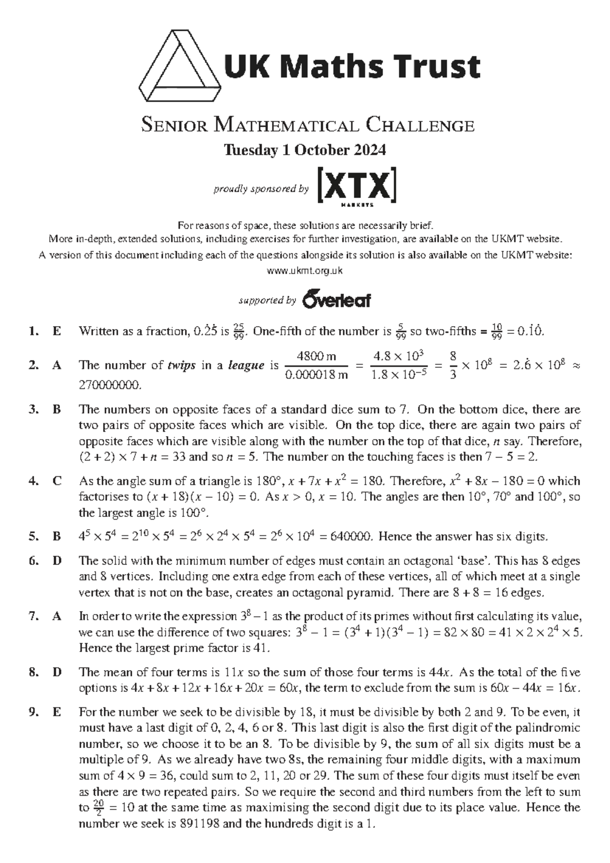 SMC 2024 Solutions - Senior Math Challenge Responses - Studocu