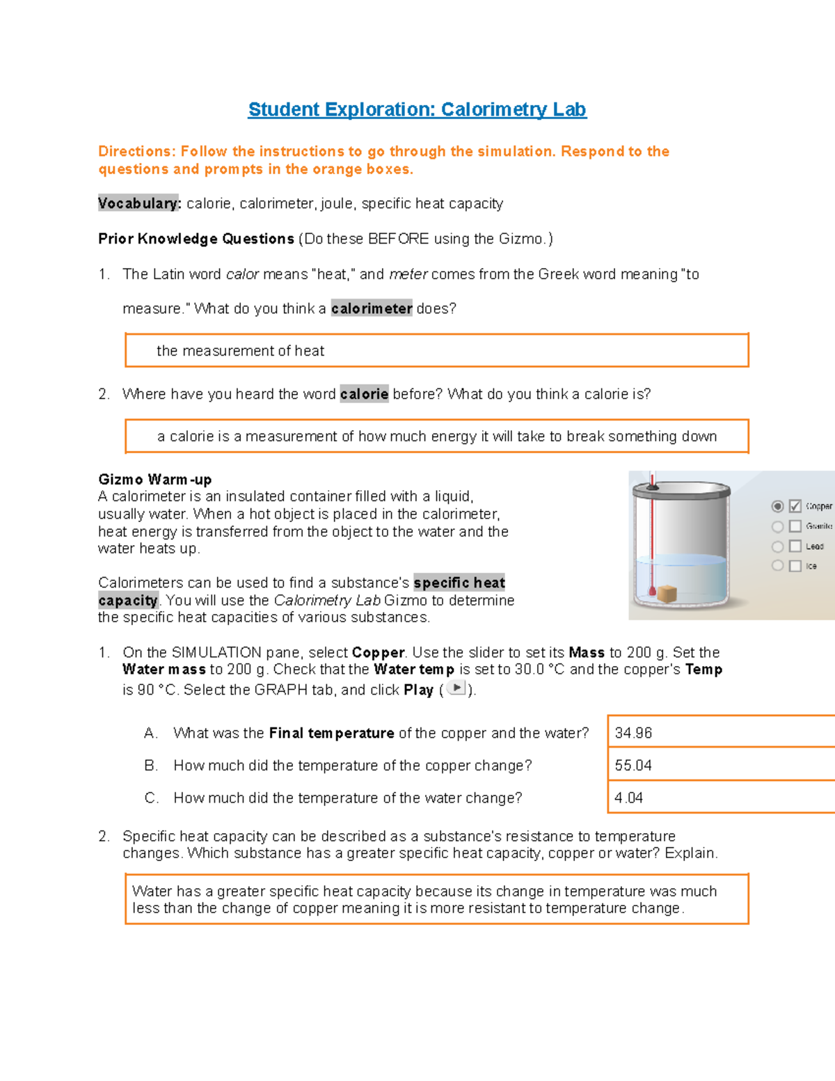 Calorimetry Lab Exploration (SCI 110) - Understanding Heat & Energy ...