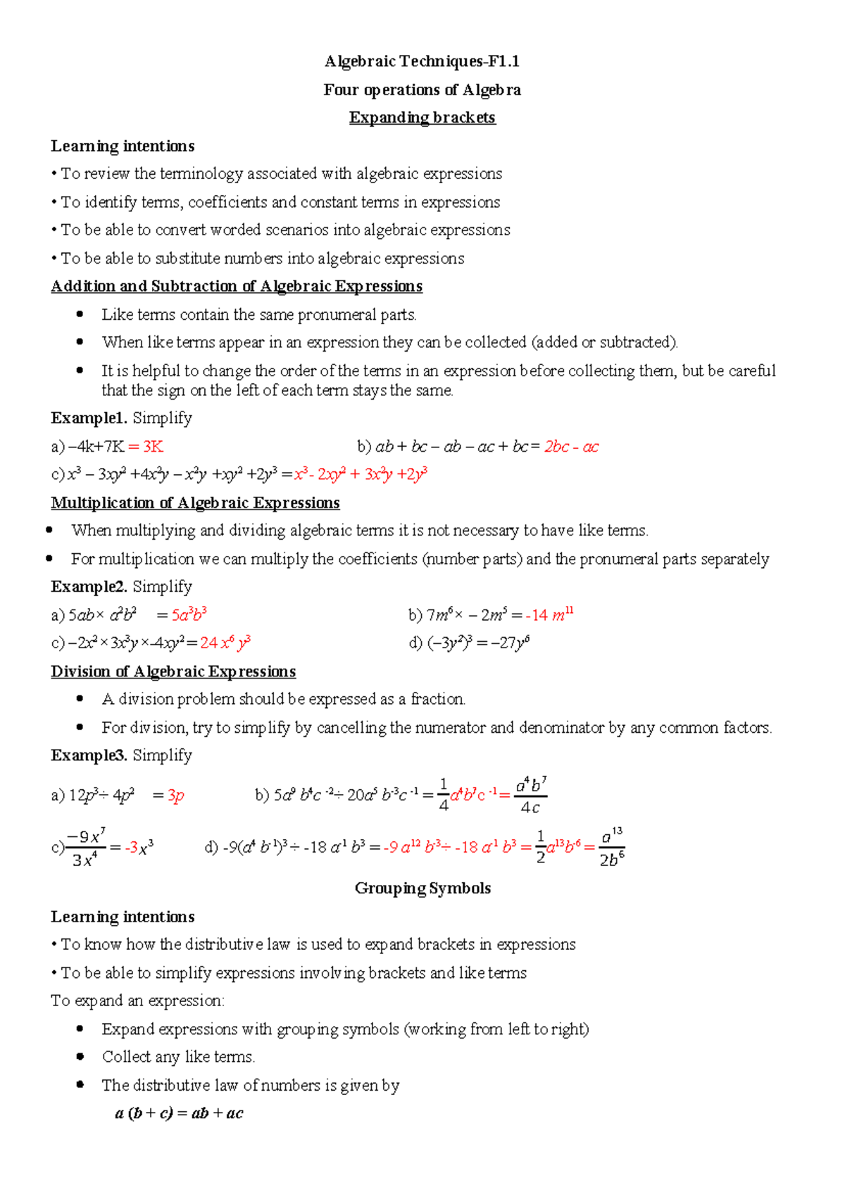 Algebra 1: Expanding Brackets & Operations - Year 11 Advanced Math ...