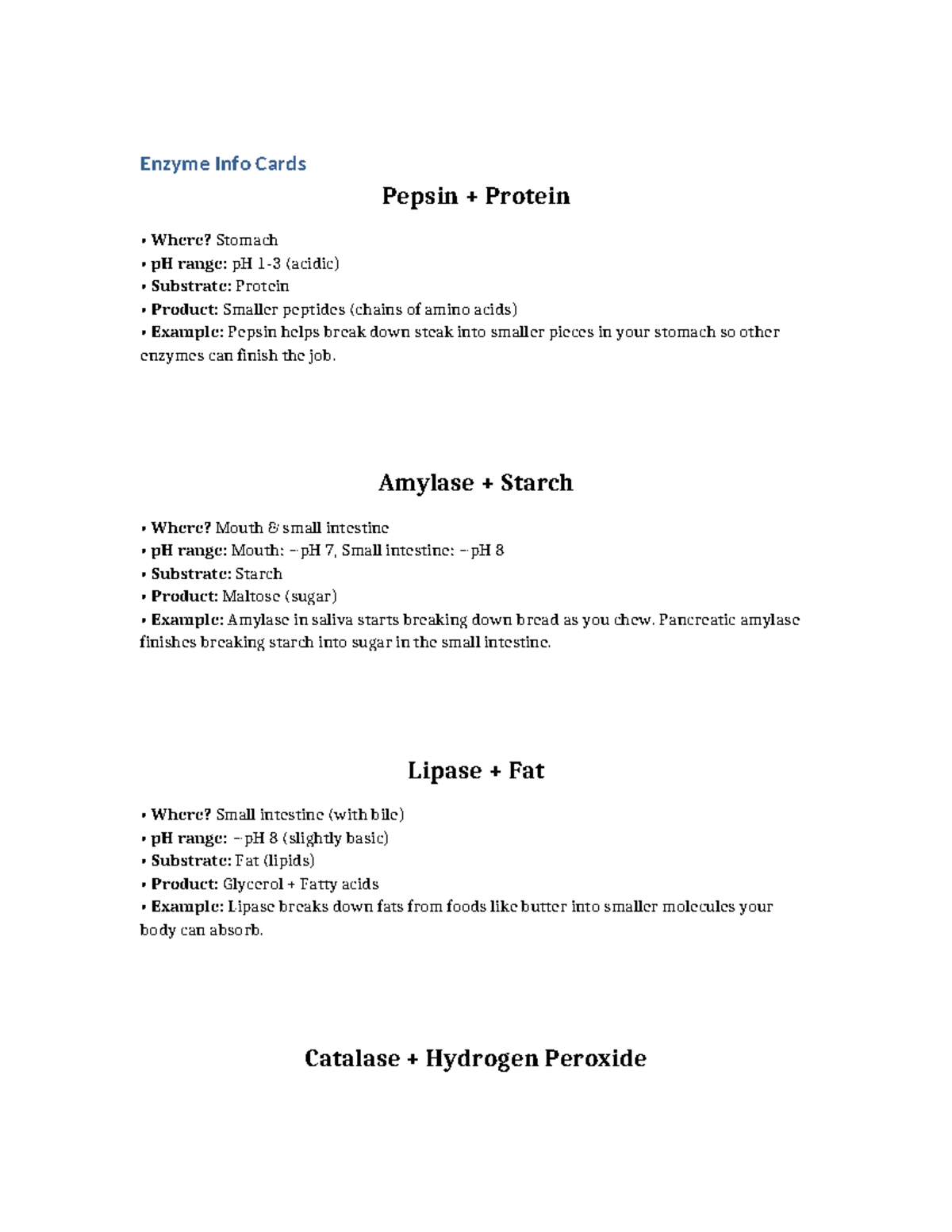 Enzyme Info Cards: Pepsin, Amylase, Lipase & Catalase - Studocu