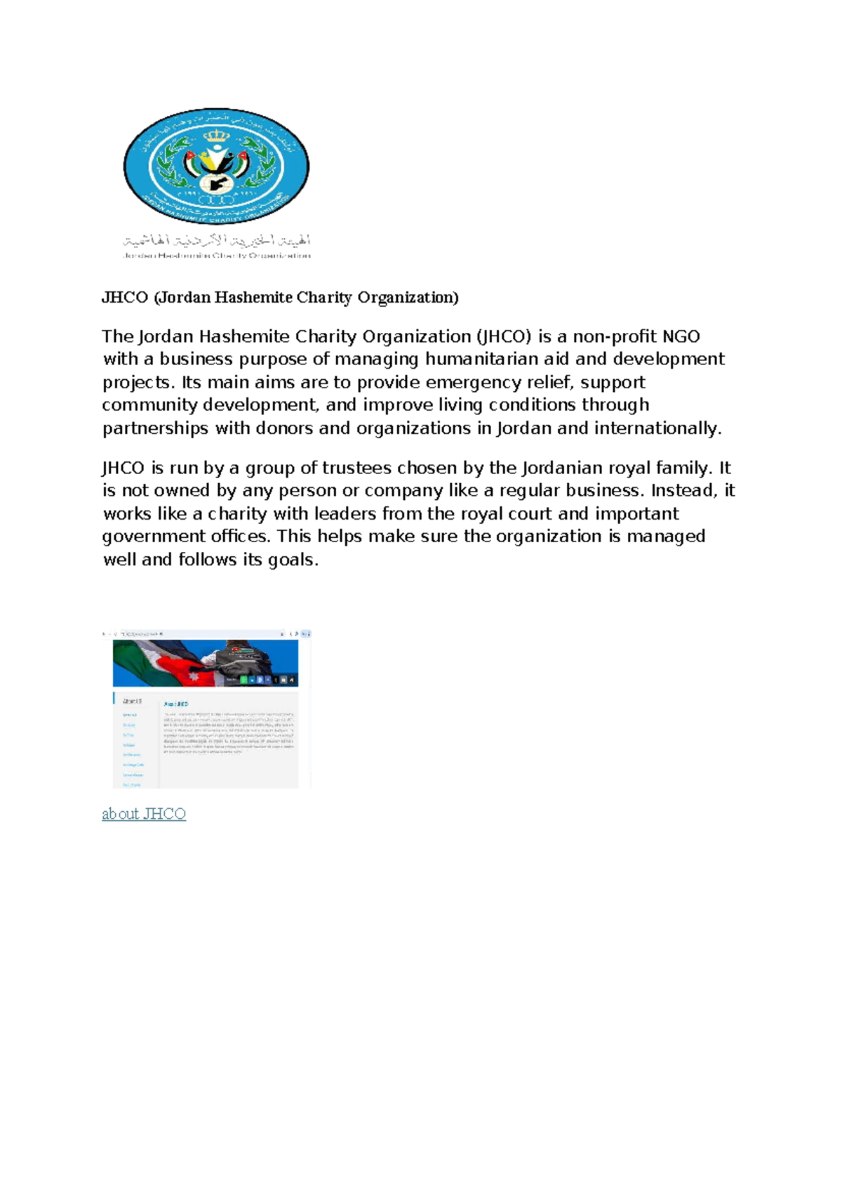 JHCO Overview: Humanitarian Aid & Development Projects - Studocu