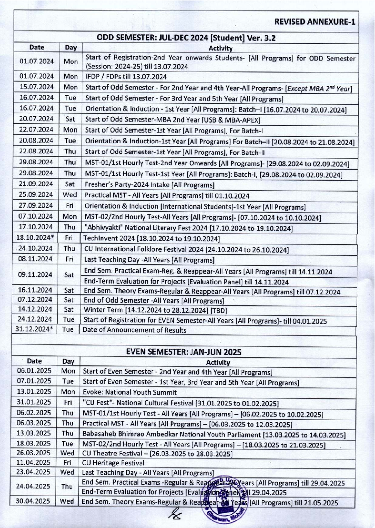 Revised Academic Calendar for Odd & Even Semesters 2024-25 - Studocu