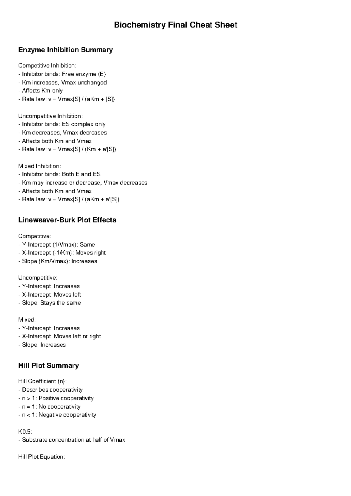 Biochem Final Cheat Sheet on Enzymes - Biochemistry Final Cheat Sheet ...
