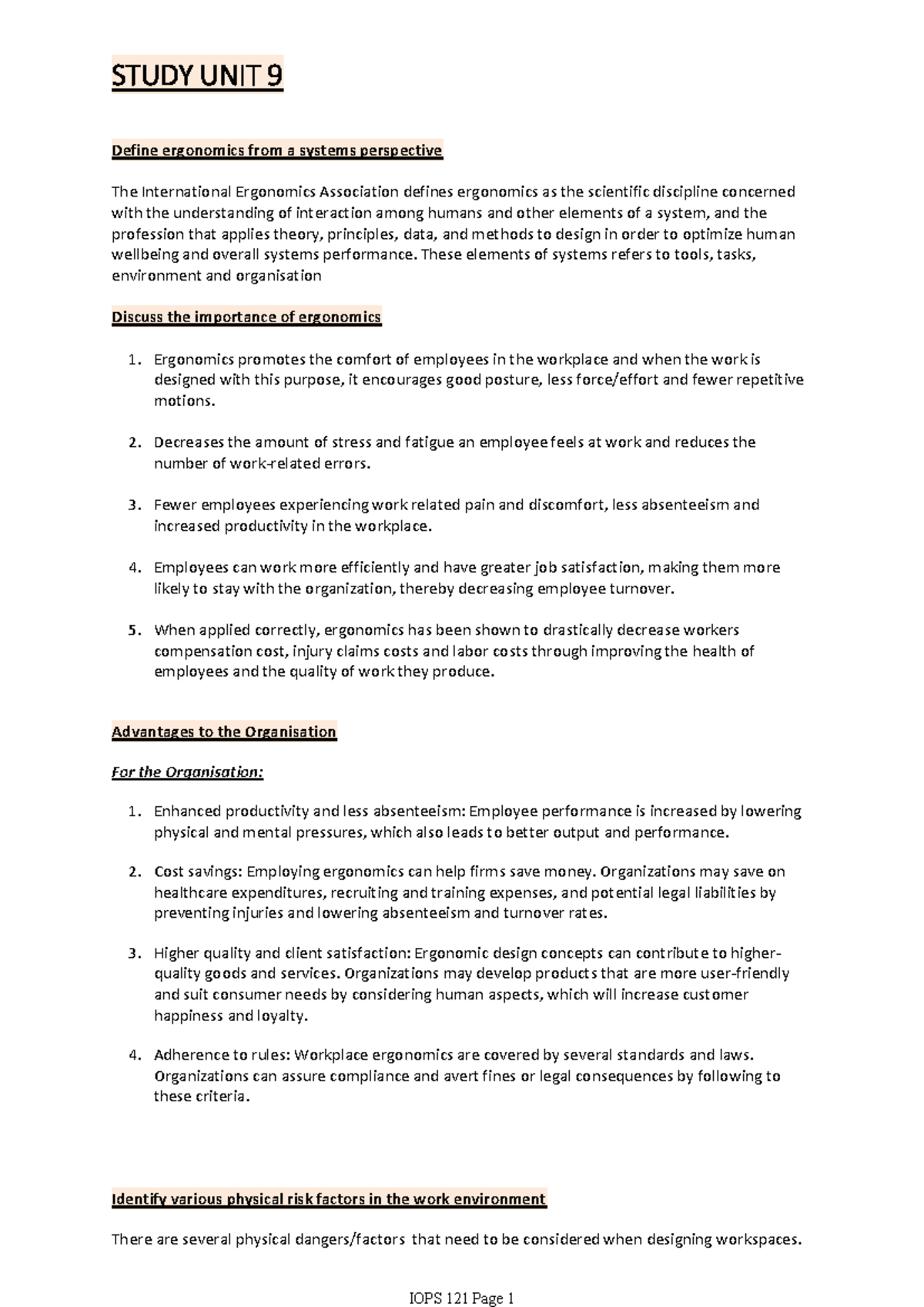 Study Unit 9: Understanding Ergonomics in Workplace Design - Studocu