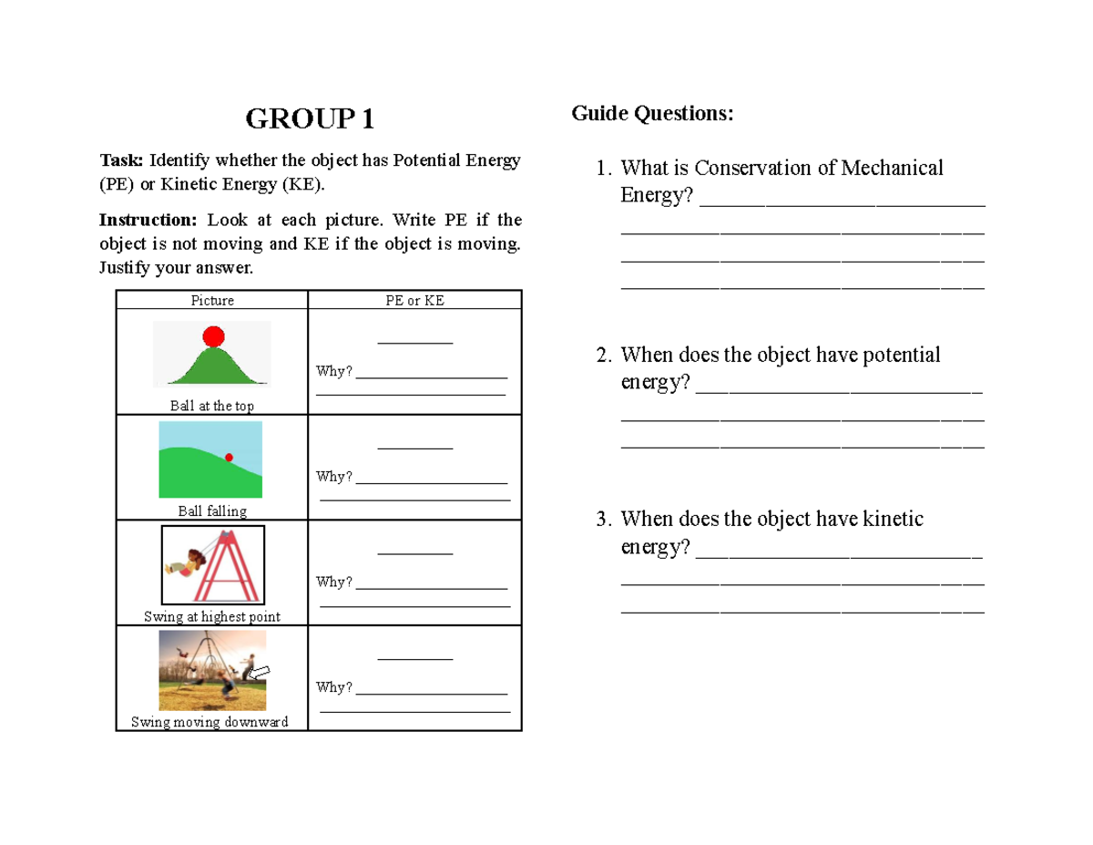 Conservation of Energy Activity Sheet: PE vs KE Guide Questions - Studocu