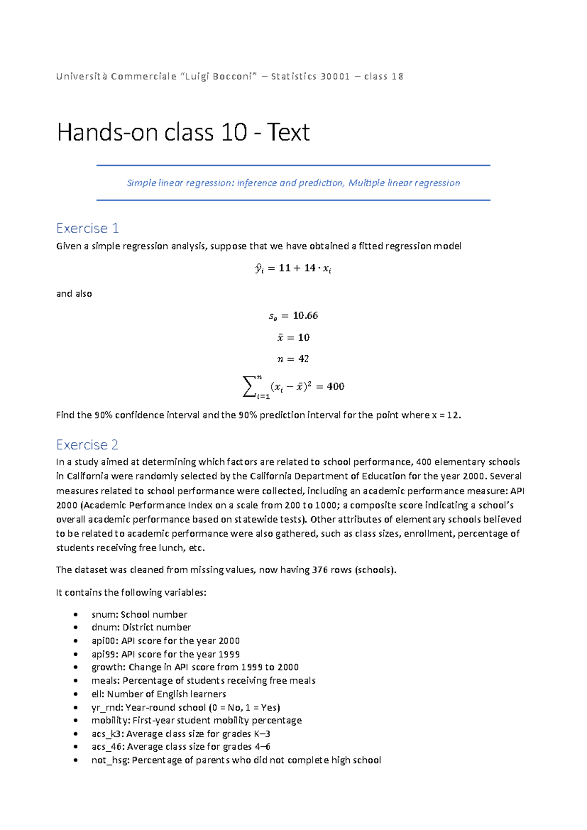 Statistics Class 18: Simple & Multiple Linear Regression Exercises ...