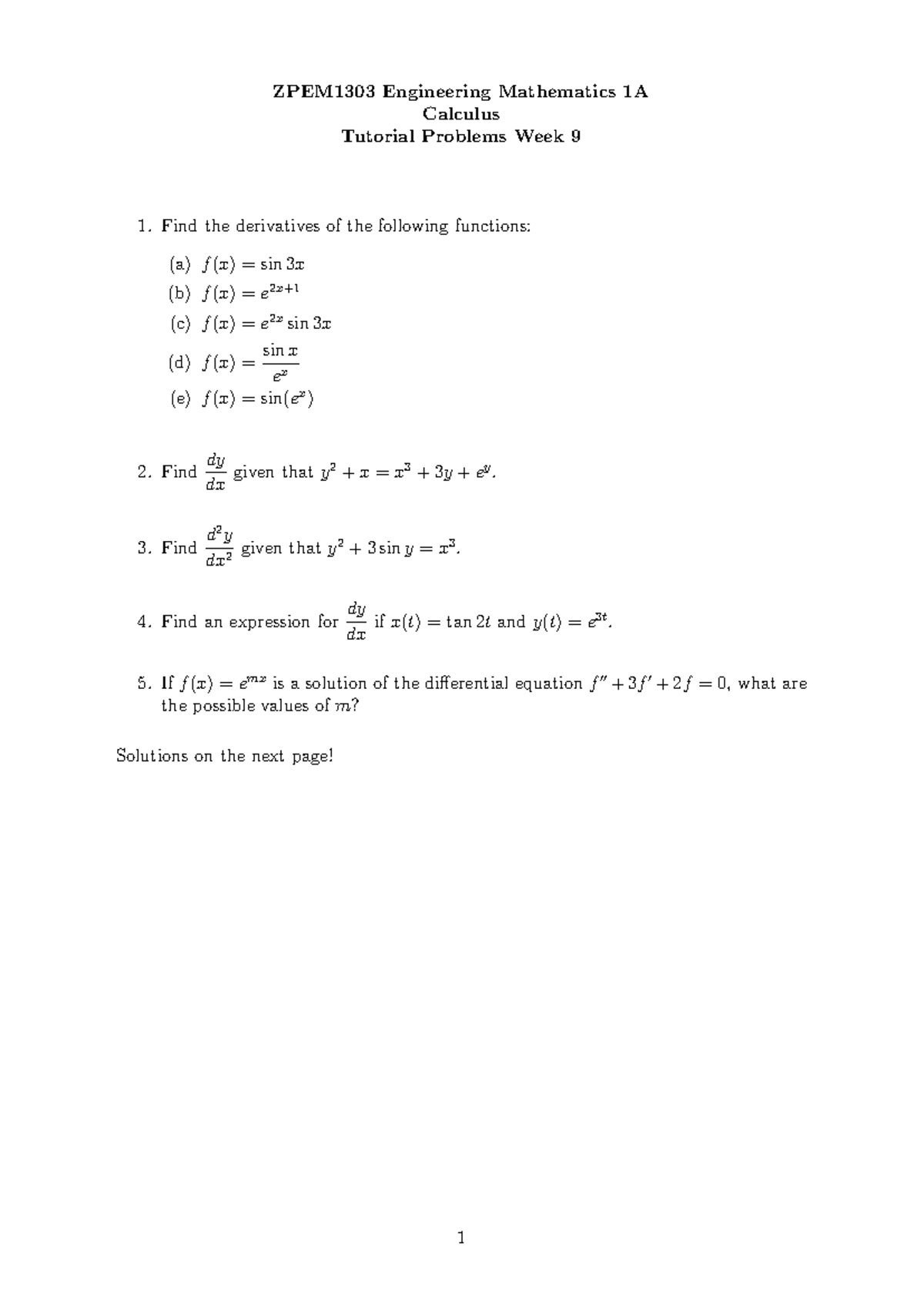 EM1A Tutorial Wk 9 - EM1A TUT9 - ZPEM1303 Engineering Mathematics 1A ...