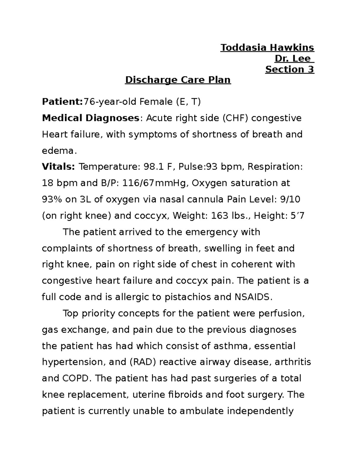 Discharge Care Plan for CHF Patient (Acute) - 2025 - Studocu