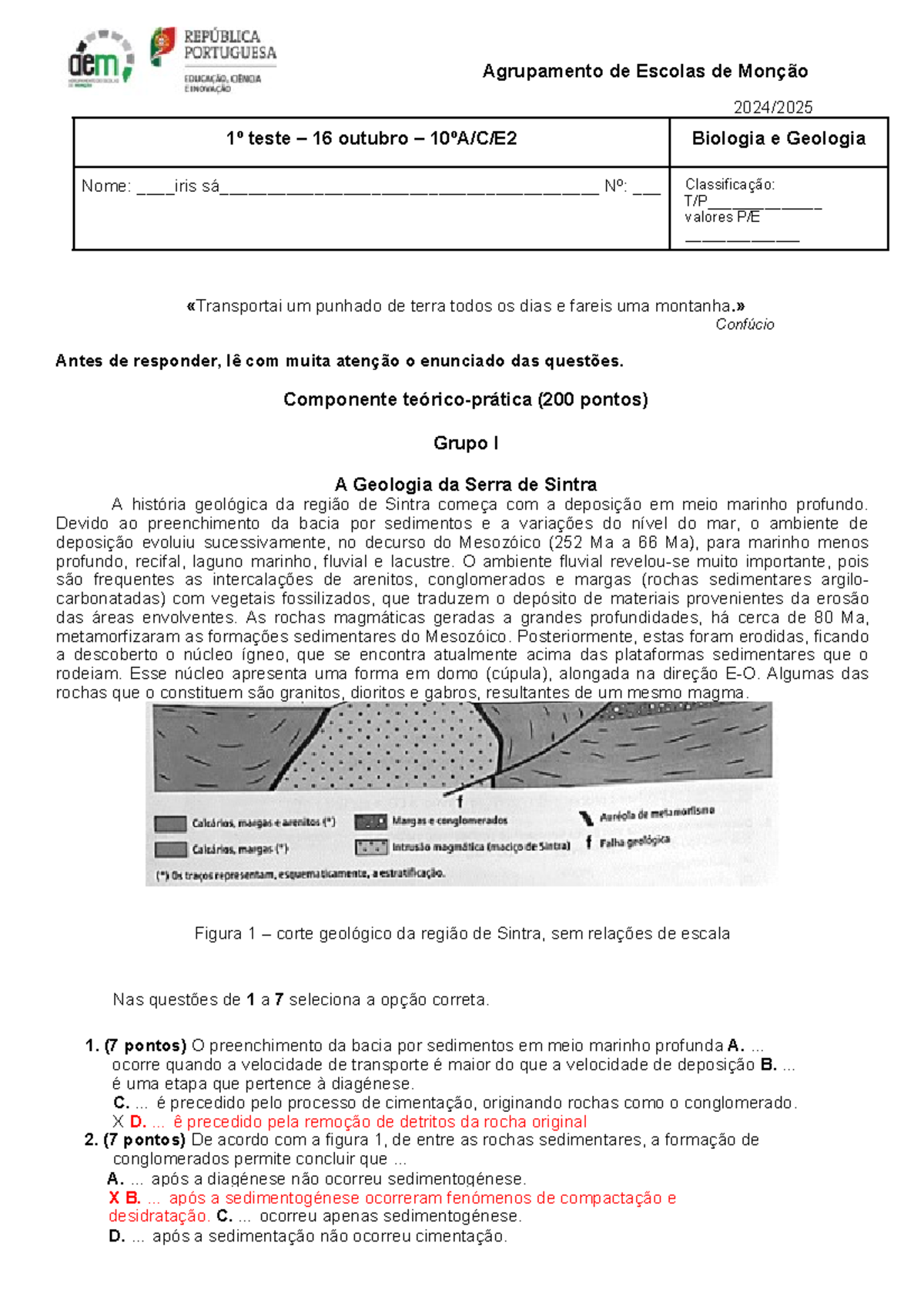 1º teste BG10A 16out V1 - Agrupamento de Escolas de Monção 2024/ 1º ...