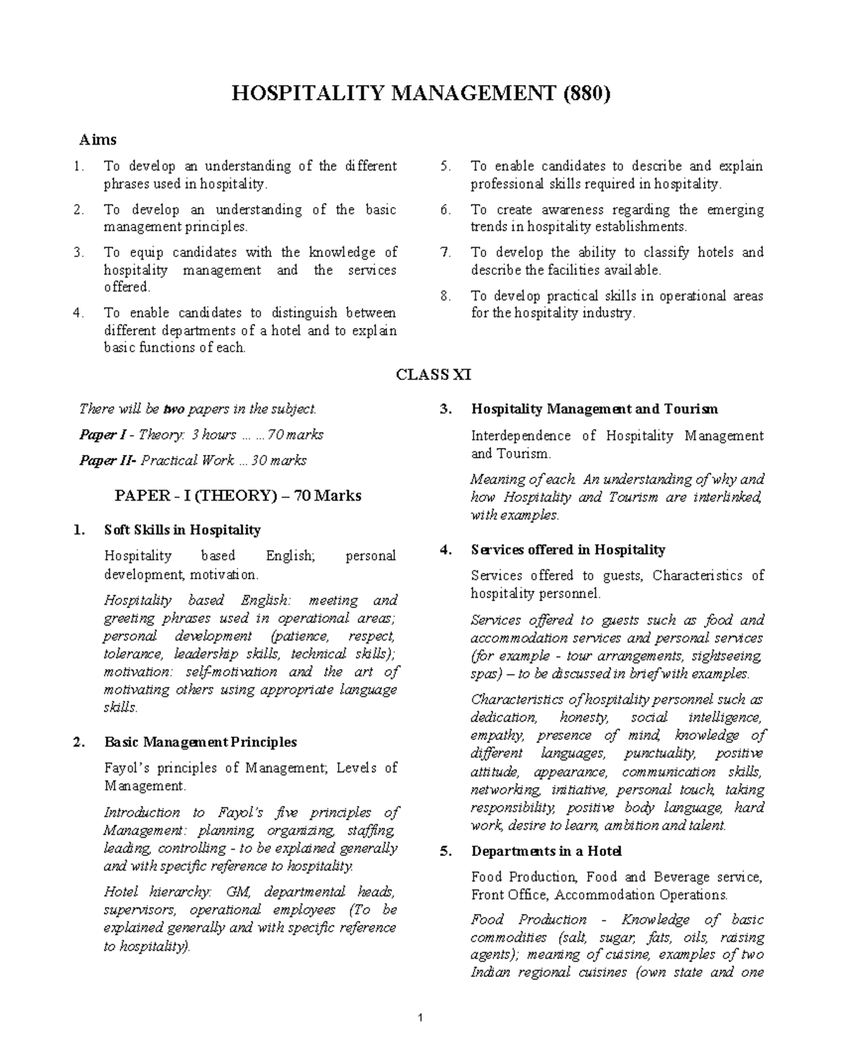HOSPITALITY MANAGEMENT (880) Class XI: Theory & Practical Overview ...