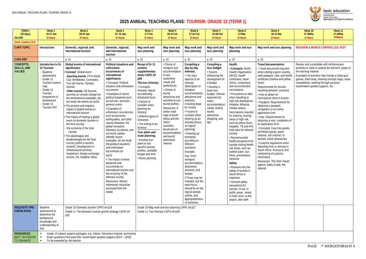 2025 ANNUAL TEACHING PLANS: TOURISM GRADE 12 (ATP) TERM 1-4 - Studocu