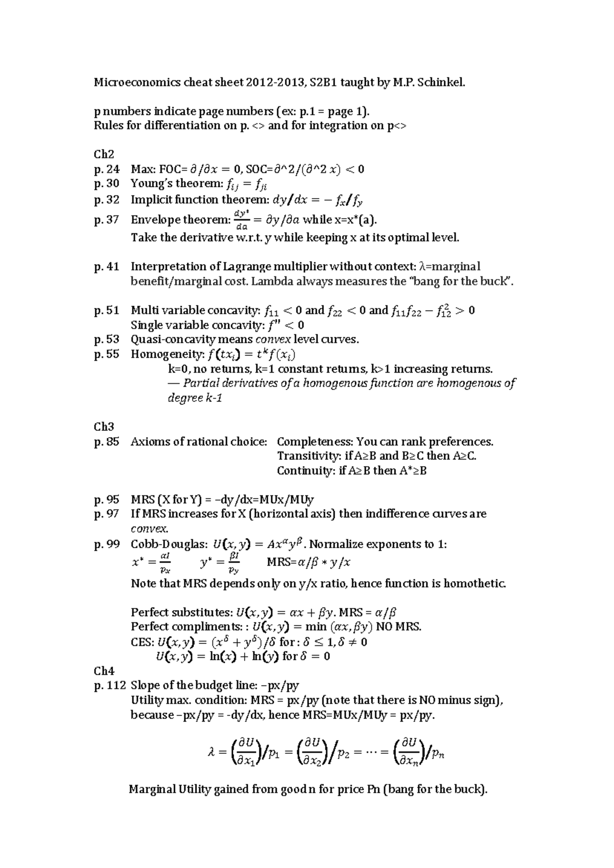 Microeconomics Cheat Sheet Overview - S2B1 (2012-2013) - Studeersnel