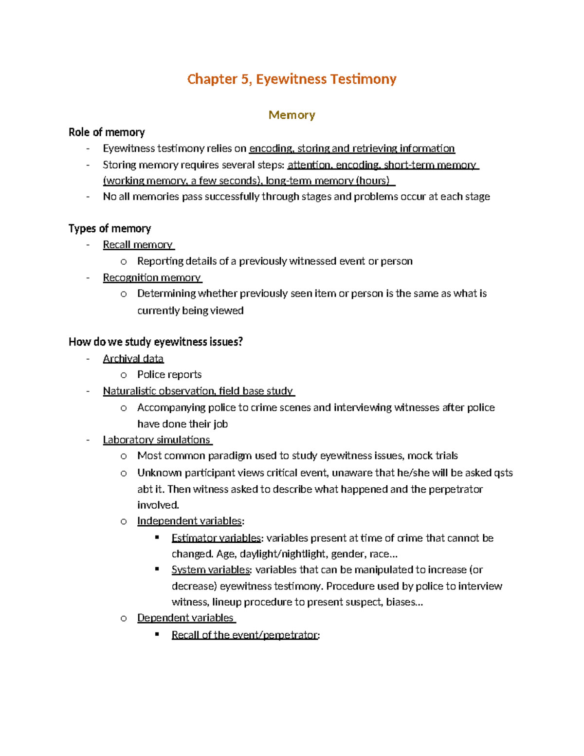 Psychology and law Exam 2 - Chapter 5, Eyewitness Testimony Memory Role ...