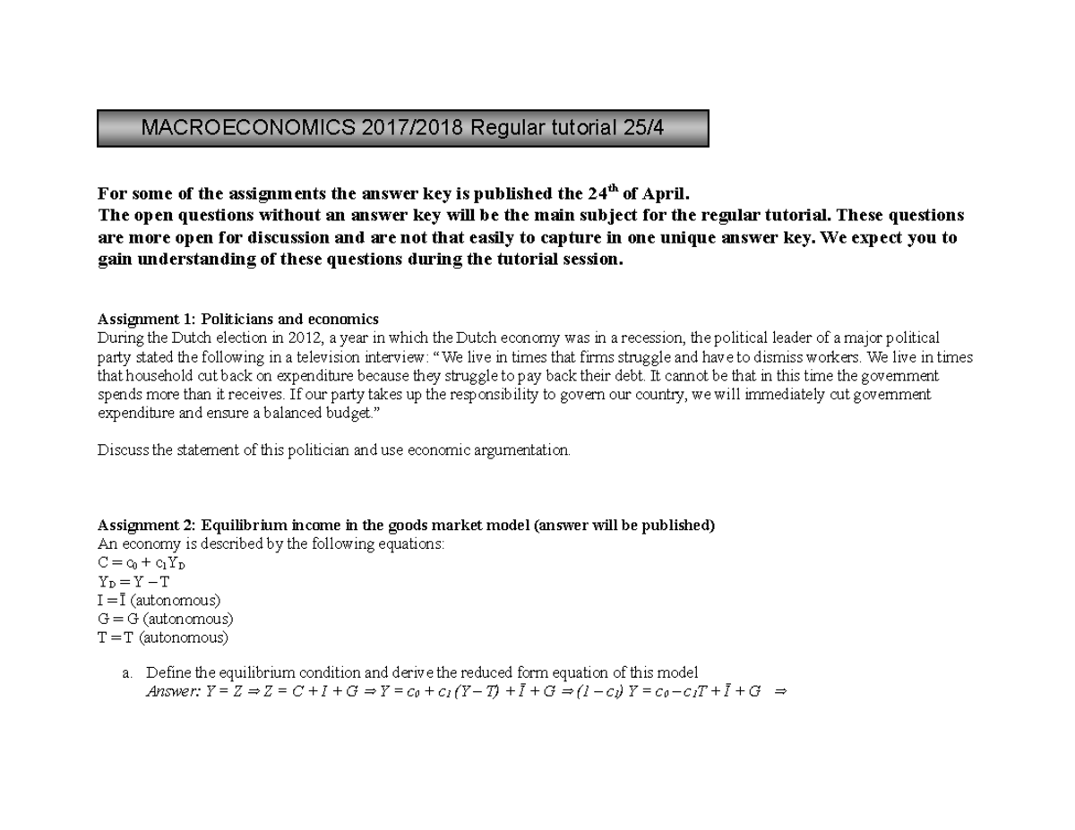 MACROECONOMICS 2017/2018 Week 1 Tutorial Summary on Key Concepts ...