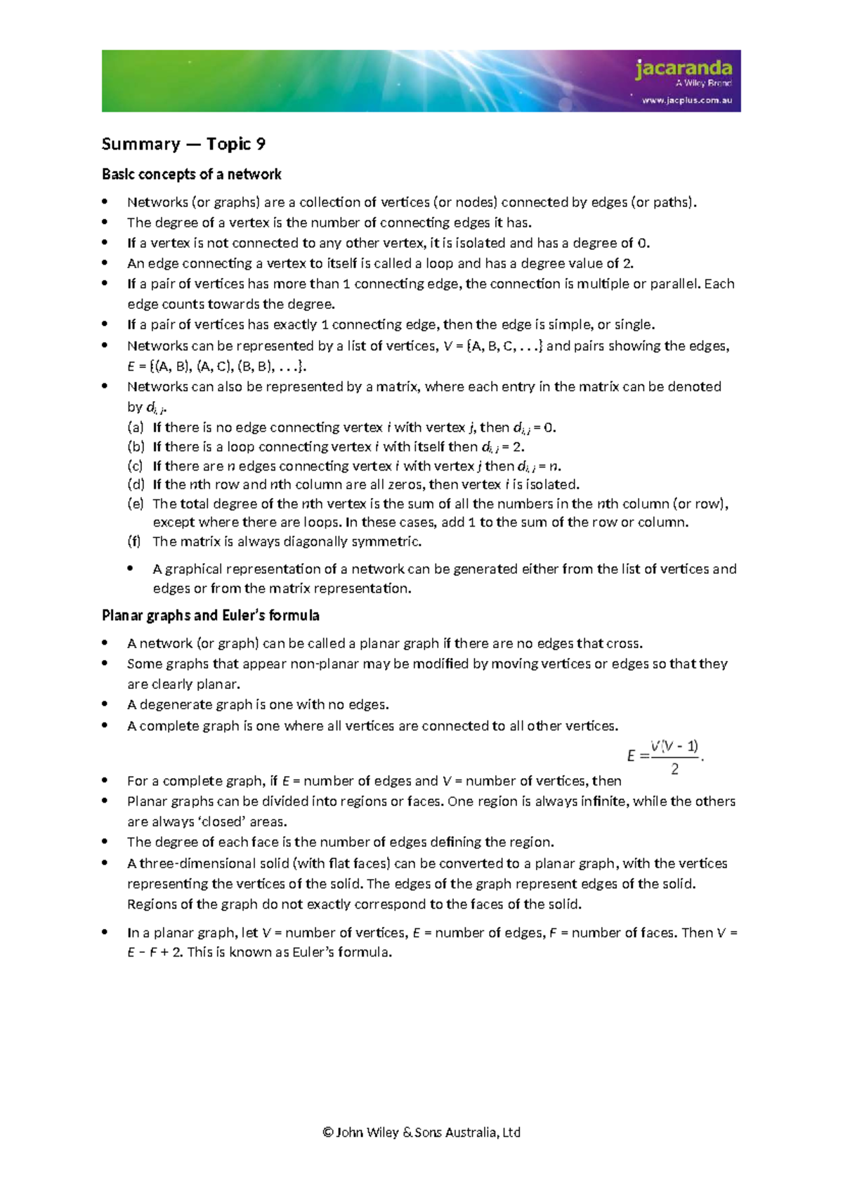 Networks (or Graphs) Summary: Basic Concepts and Planar Graphs - Studocu