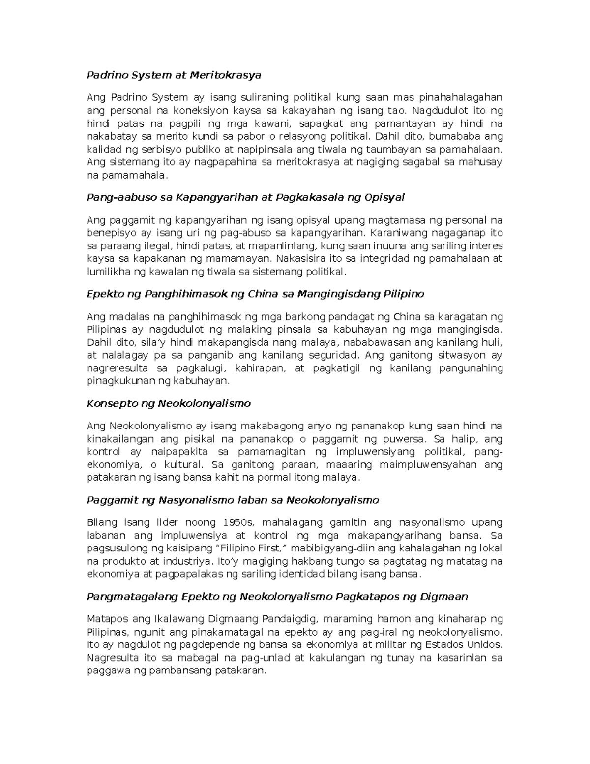 AP 7 Q3: Padrino System at Neokolonyalismo sa Politika - Studocu