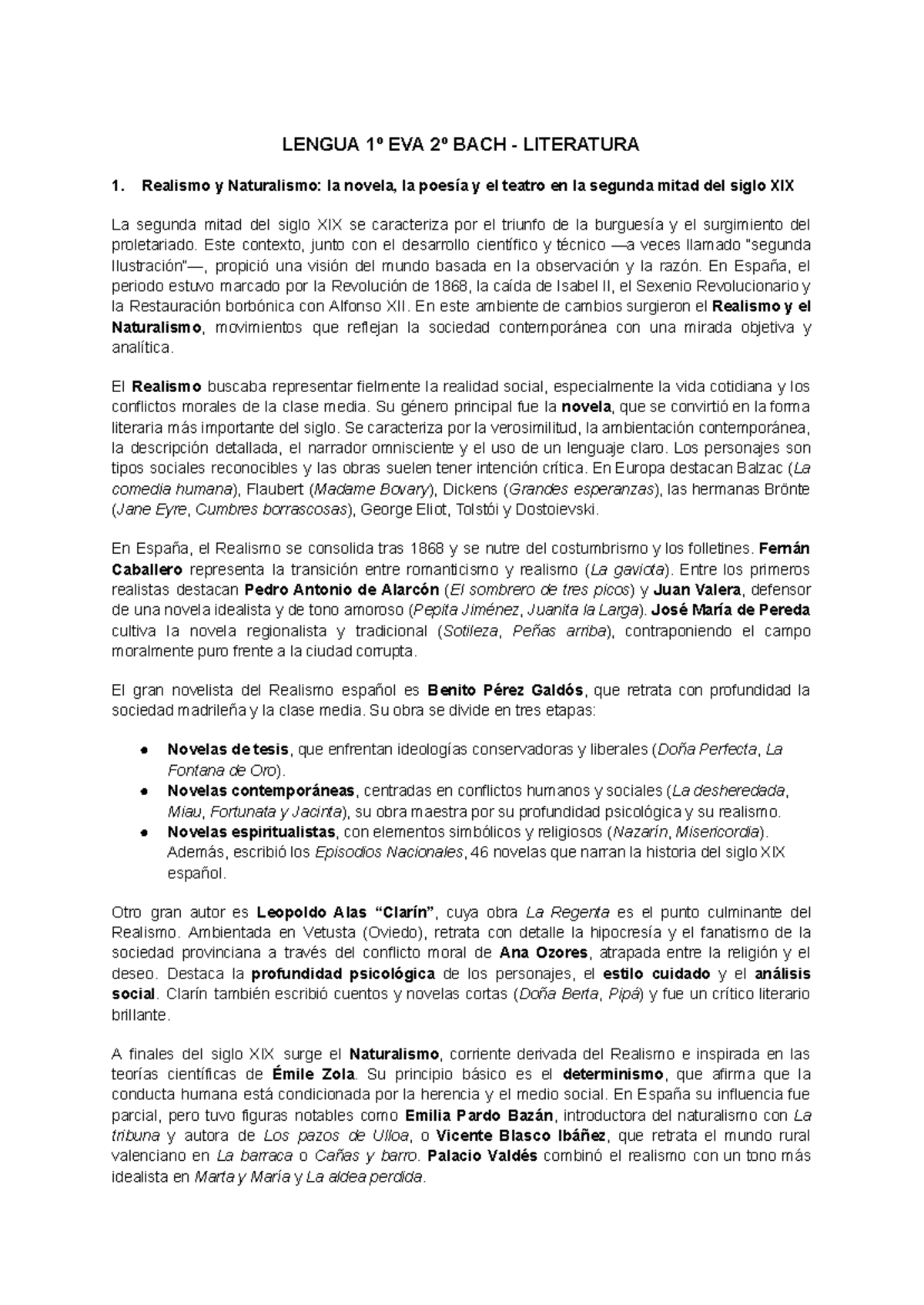 LENGUA 2º BACH LITERATURA: Realismo y Naturalismo en el Siglo XIX - Studocu